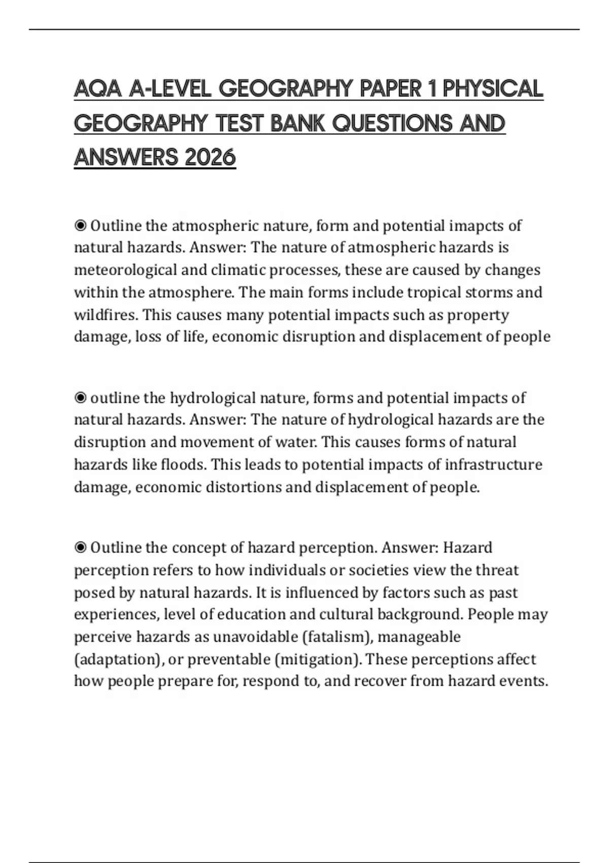 AQA A-LEVEL GEOGRAPHY PAPER 1 PHYSICAL GEOGRAPHY TEST BANK QUESTIONS ...