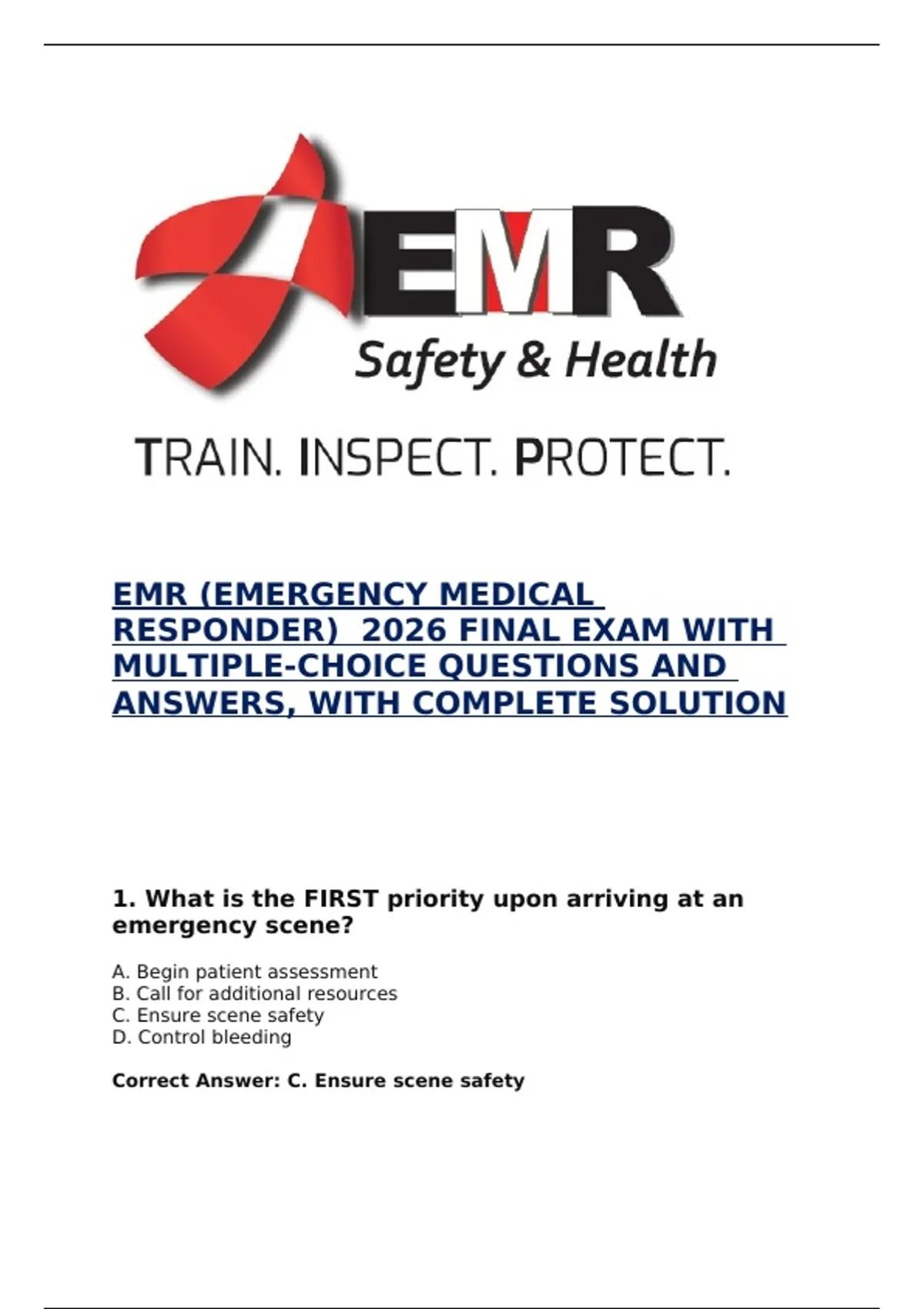 EMR (EMERGENCY MEDICAL RESPONDER) 2026 FINAL EXAM WITH MULTIPLE-CHOICE ...