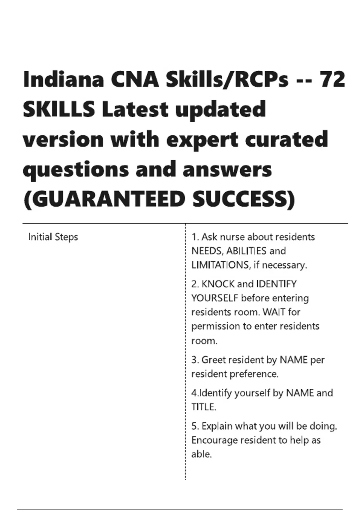 Indiana CNA Skills RCPs -- 72 SKILLS Latest updated version with expert ...