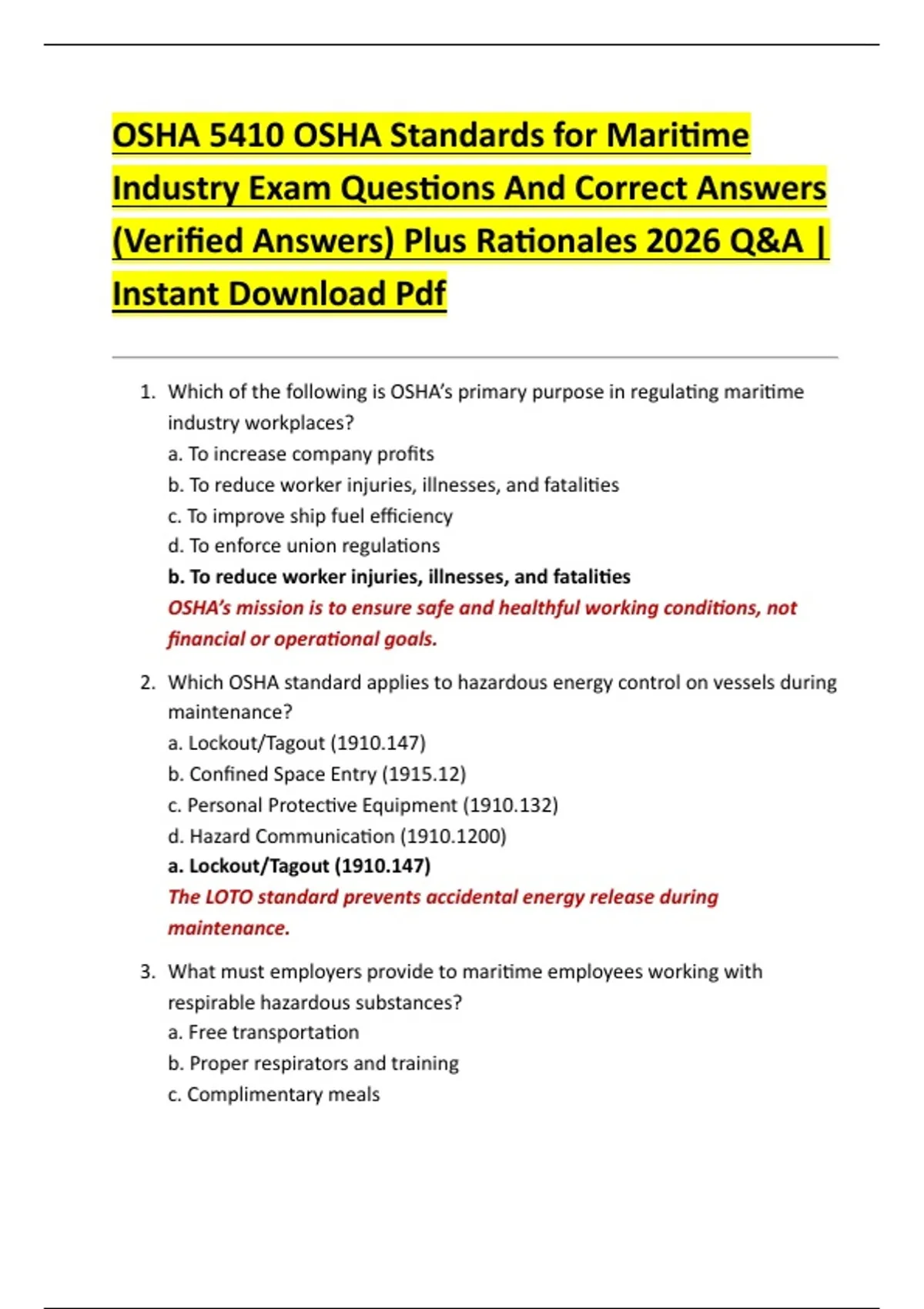 OSHA 5410 OSHA Standards for Maritime Industry Exam Questions And ...