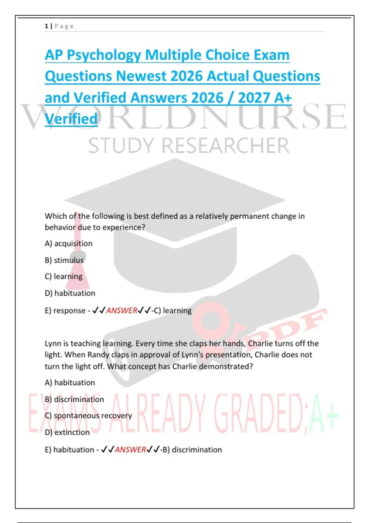 AP Psychology Multiple Choice Exam Questions Newest 2026 Actual ...