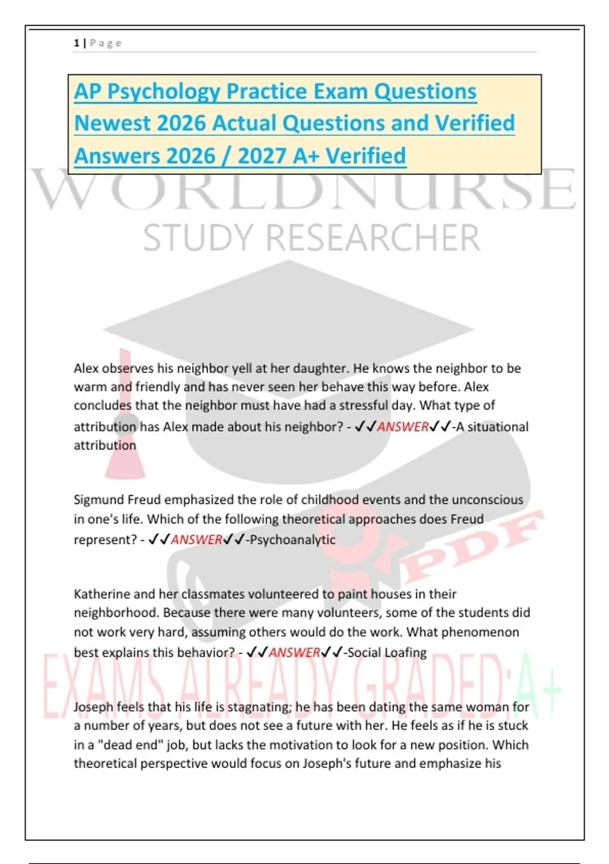 AP Psychology Practice Exam Questions Newest 2026 Actual Questions and ...