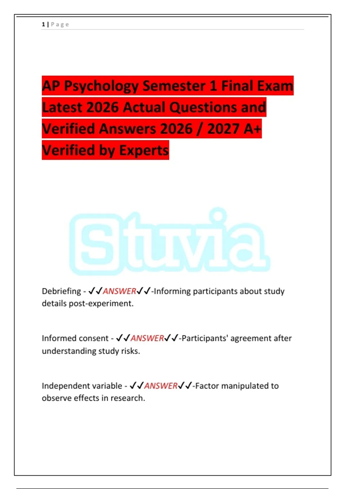 AP Psychology Semester 1 Final Exam Latest 2026 Actual Questions and ...