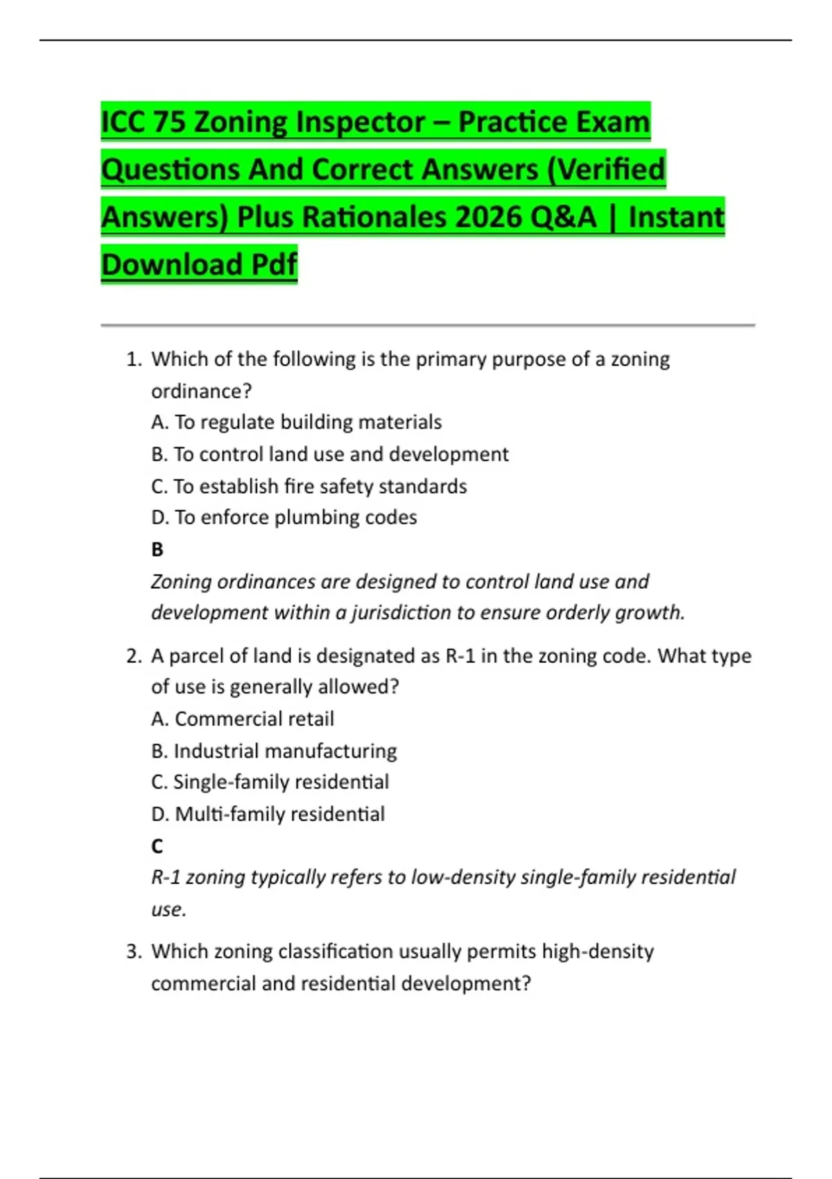 ICC 75 Zoning Inspector – Practice Exam Questions And Correct Answers ...