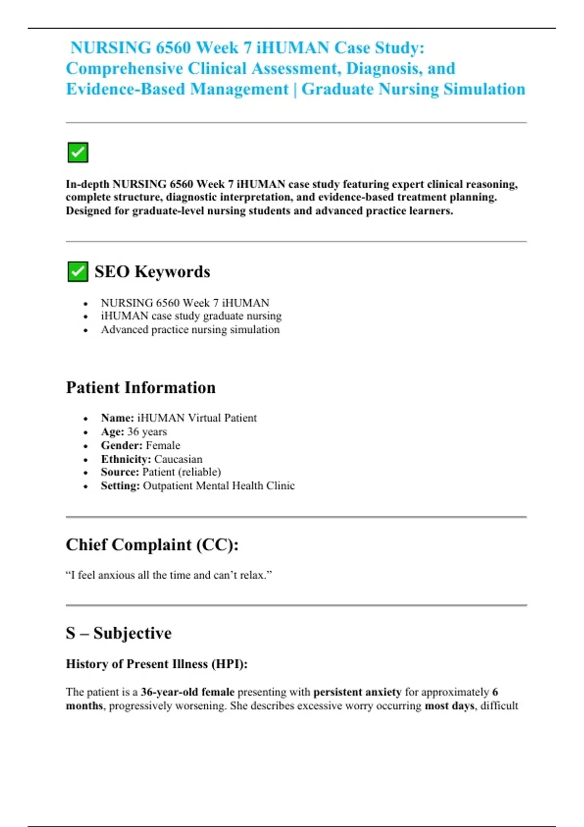 NURSING 6560 Week 7 iHUMAN Case Study Comprehensive Clinical Assessment ...
