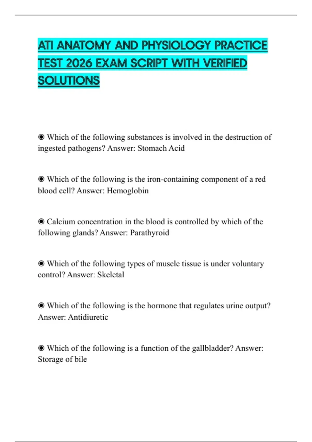 ATI ANATOMY AND PHYSIOLOGY PRACTICE TEST 2026 EXAM SCRIPT WITH VERIFIED ...