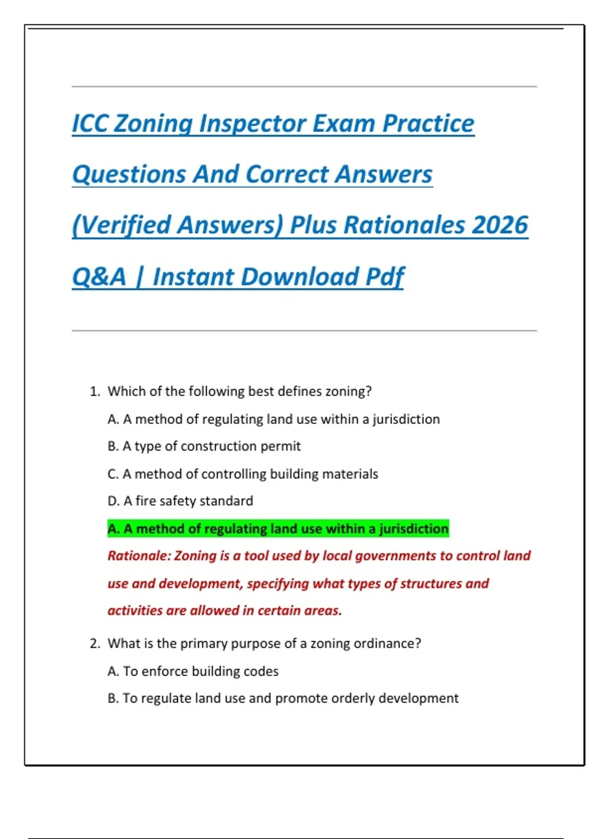 ICC Zoning Inspector Exam Practice Questions And Correct Answers ...