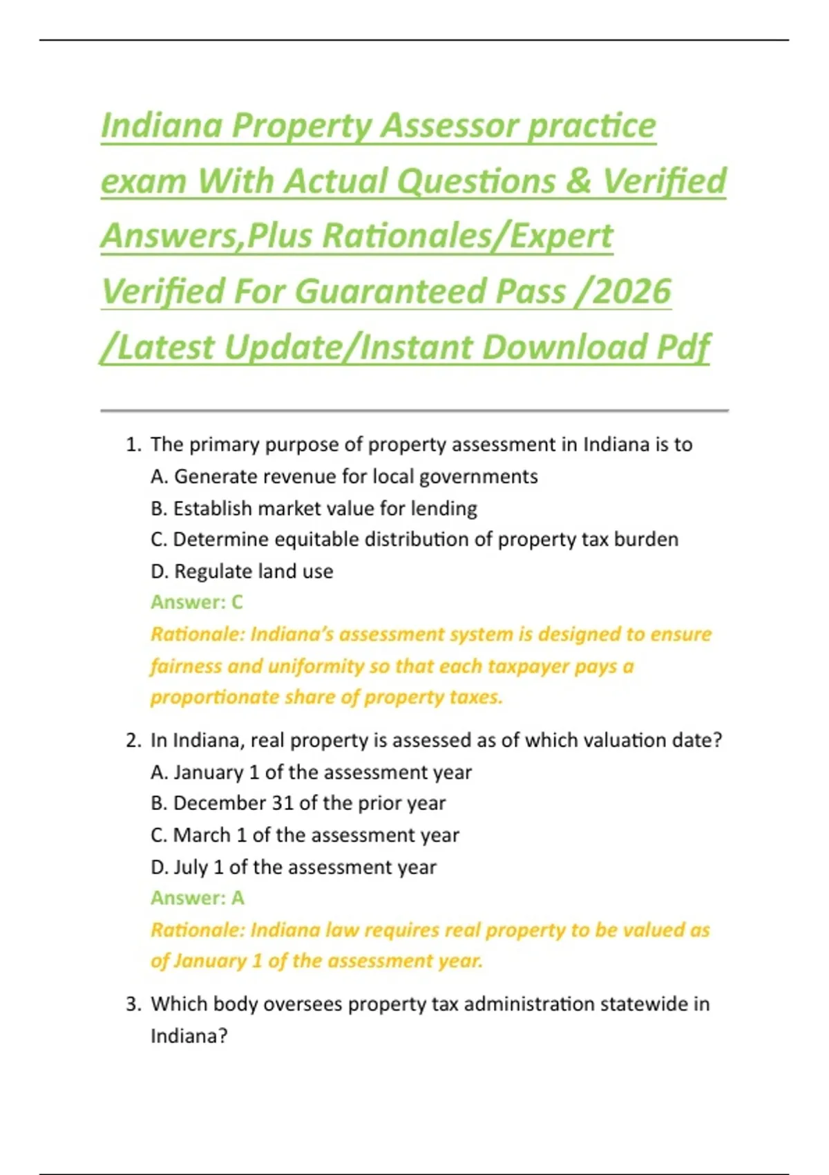 Indiana Property Assessor practice exam With Actual Questions ...