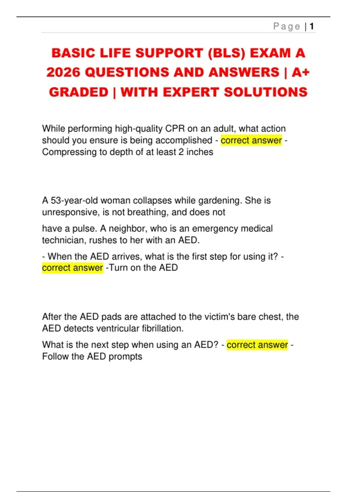 BASIC LIFE SUPPORT (BLS) EXAM A 2026 QUESTIONS AND ANSWERS | A+ GRADED ...