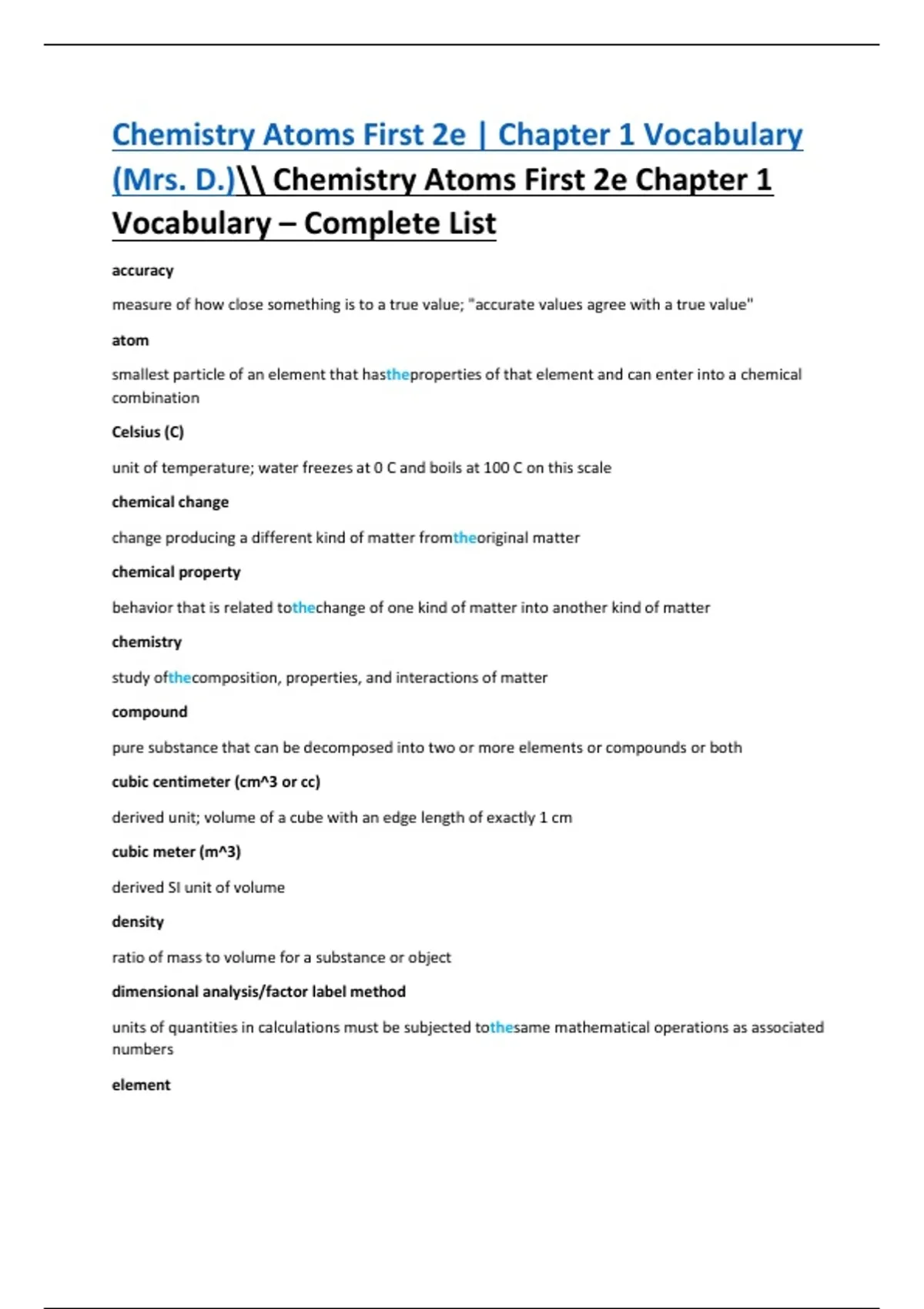 Chemistry Atoms First 2e Chapter 1 Vocabulary – Complete List (Mrs. D ...