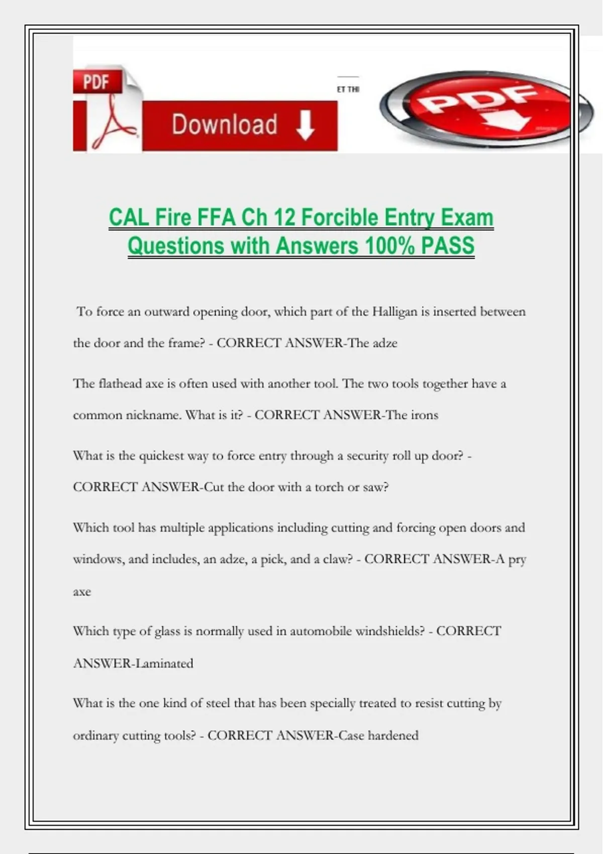 CAL Fire FFA Ch 12 Forcible Entry Exam Questions with Answers 100% PASS ...