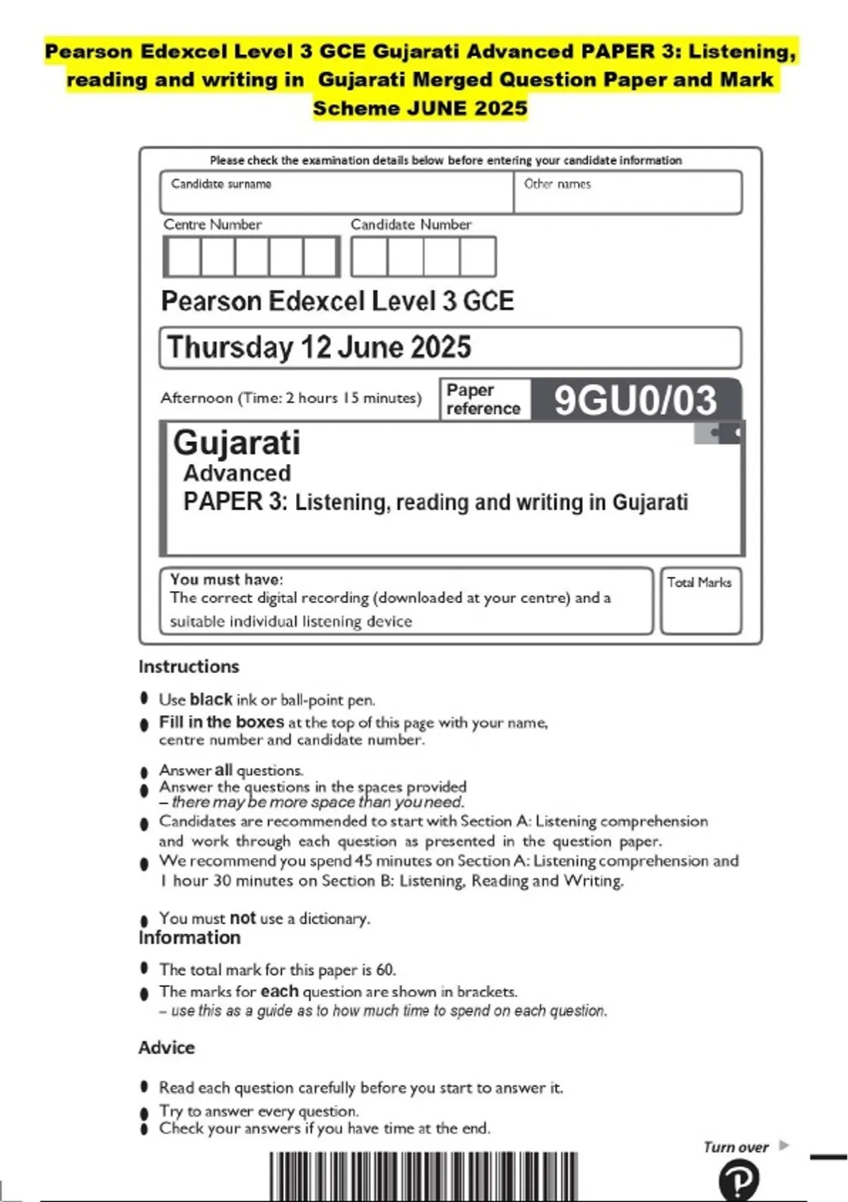 Pearson Edexcel Level 3 GCE Gujarati Advanced PAPER 3: Listening ...