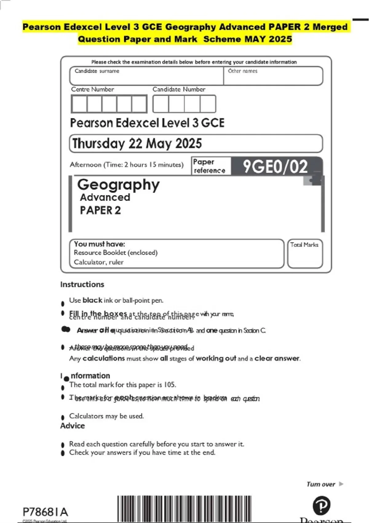 Pearson Edexcel Level 3 GCE Geography Advanced PAPER 2 Merged Question ...