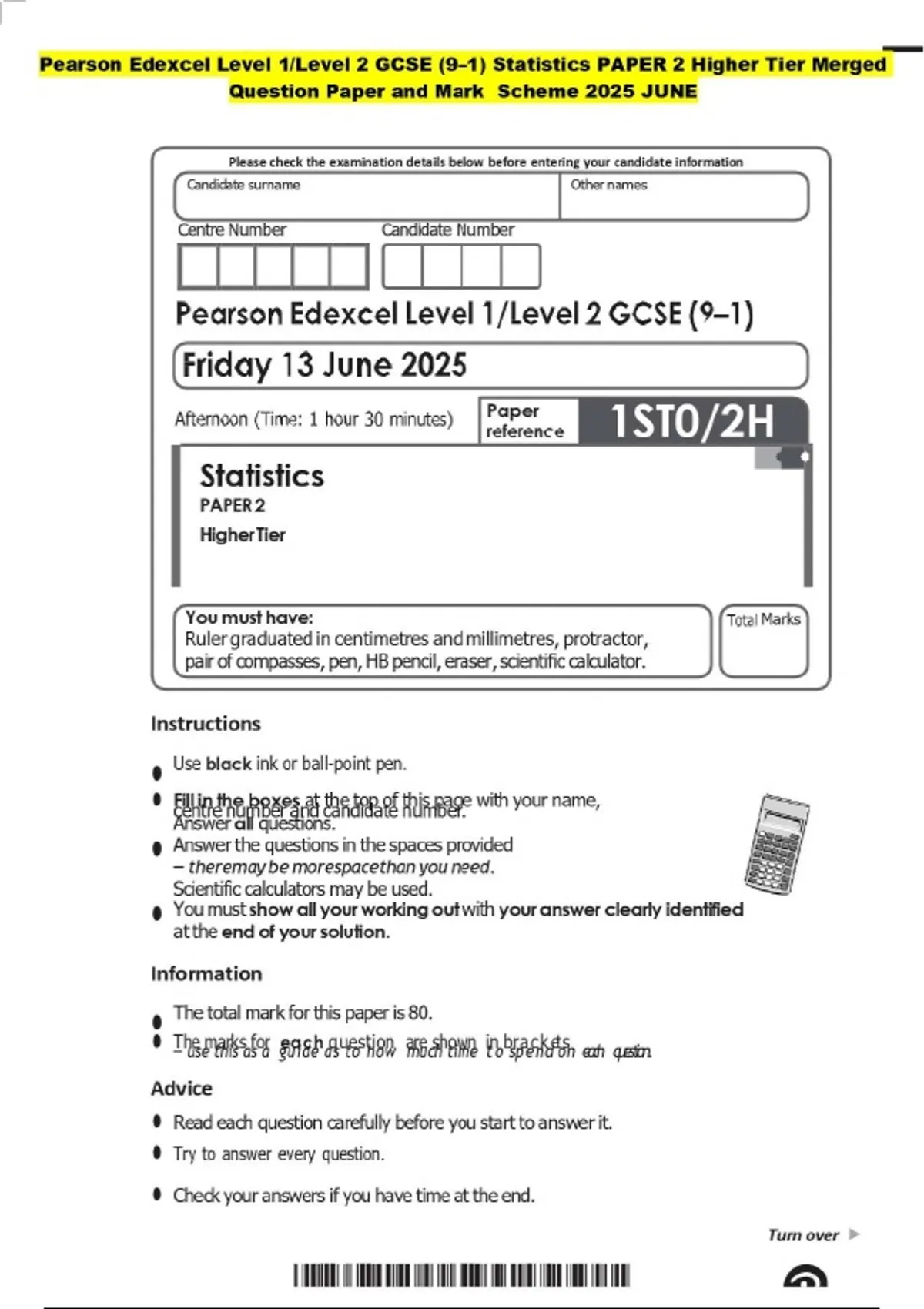 Pearson Edexcel Level 1/Level 2 GCSE (9–1) Statistics PAPER 2 Higher ...