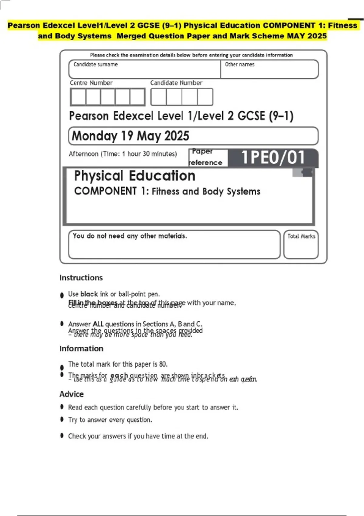 Pearson Edexcel Level1/Level 2 GCSE (9–1) Physical Education COMPONENT ...