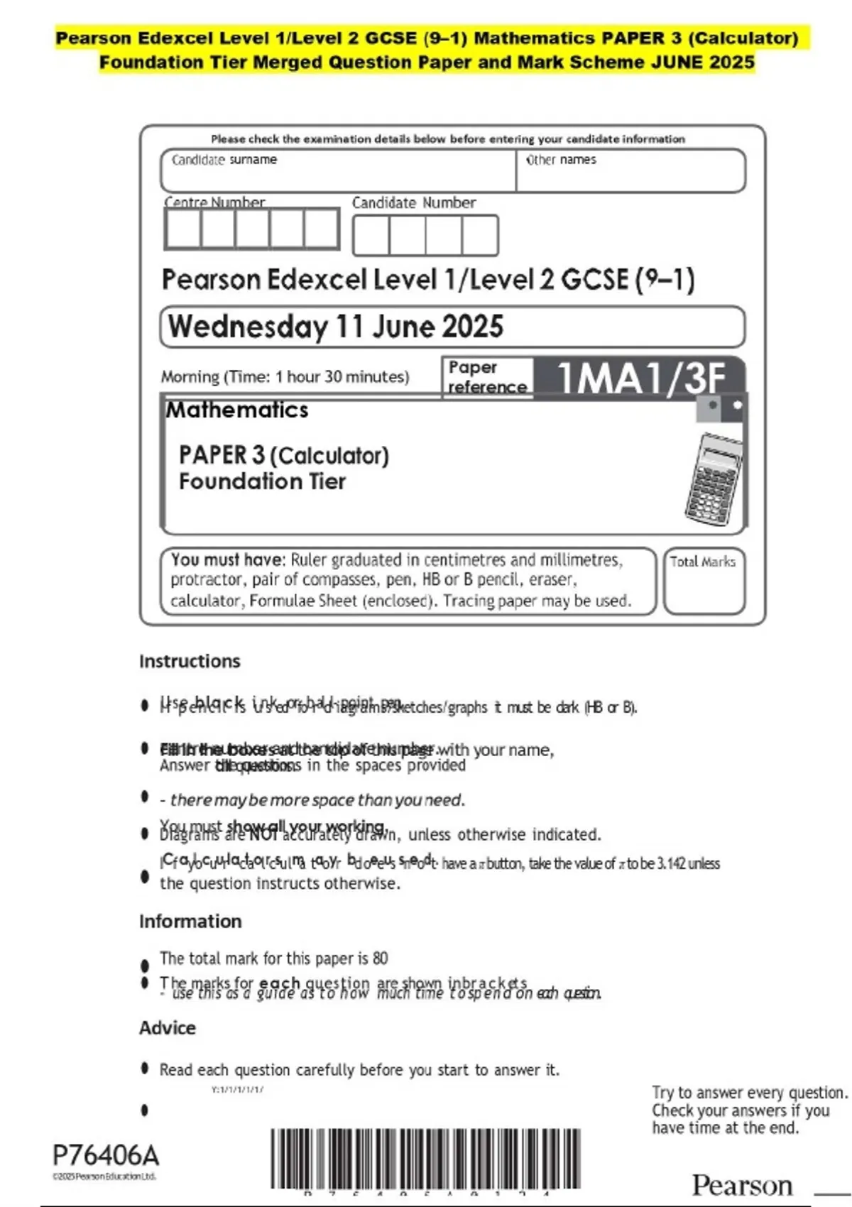 Pearson Edexcel Level 1/Level 2 GCSE (9–1) Mathematics PAPER 3 ...