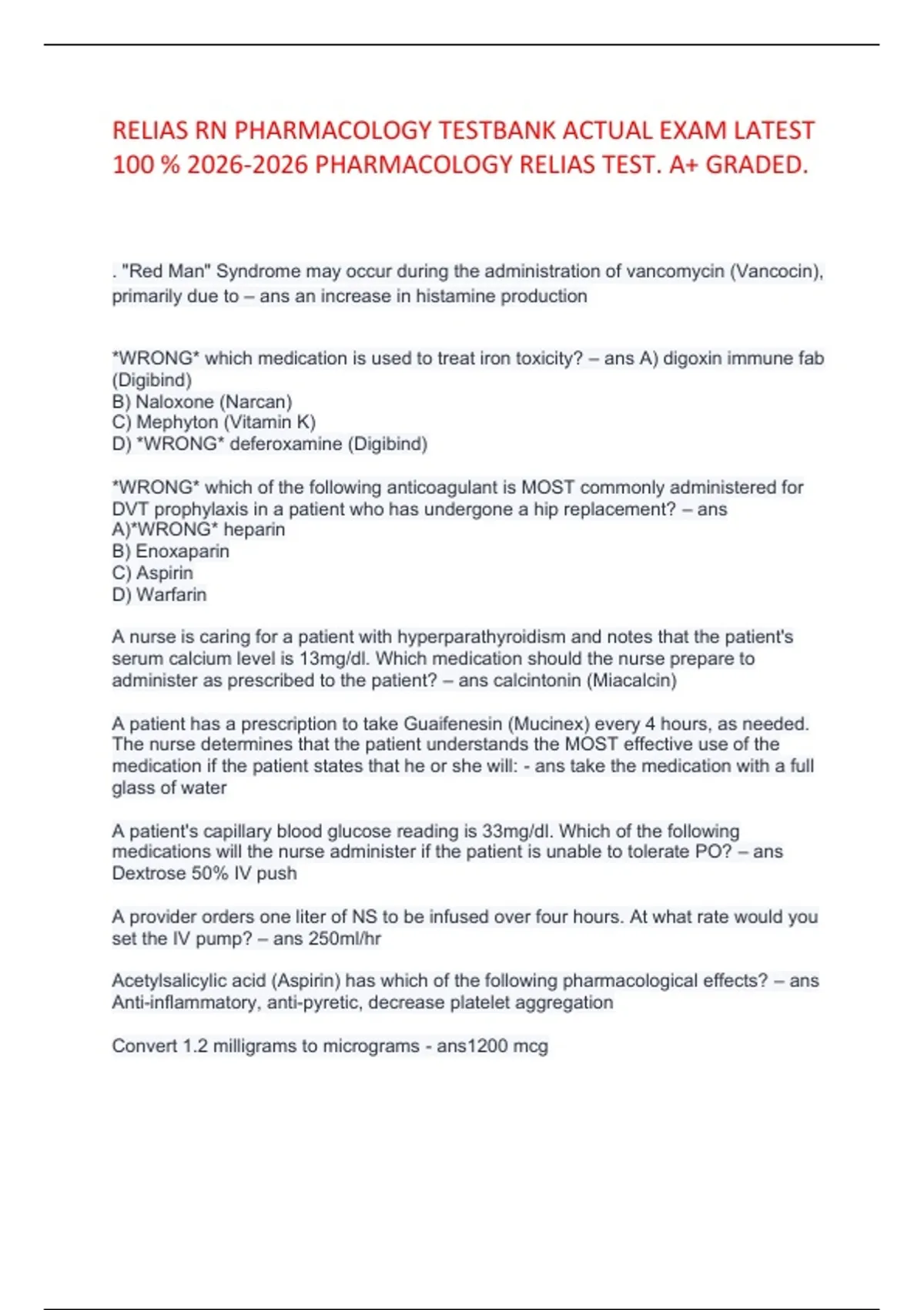 RELIAS RN PHARMACOLOGY TESTBANK ACTUAL EXAM LATEST 100 % PHARMACOLOGY ...