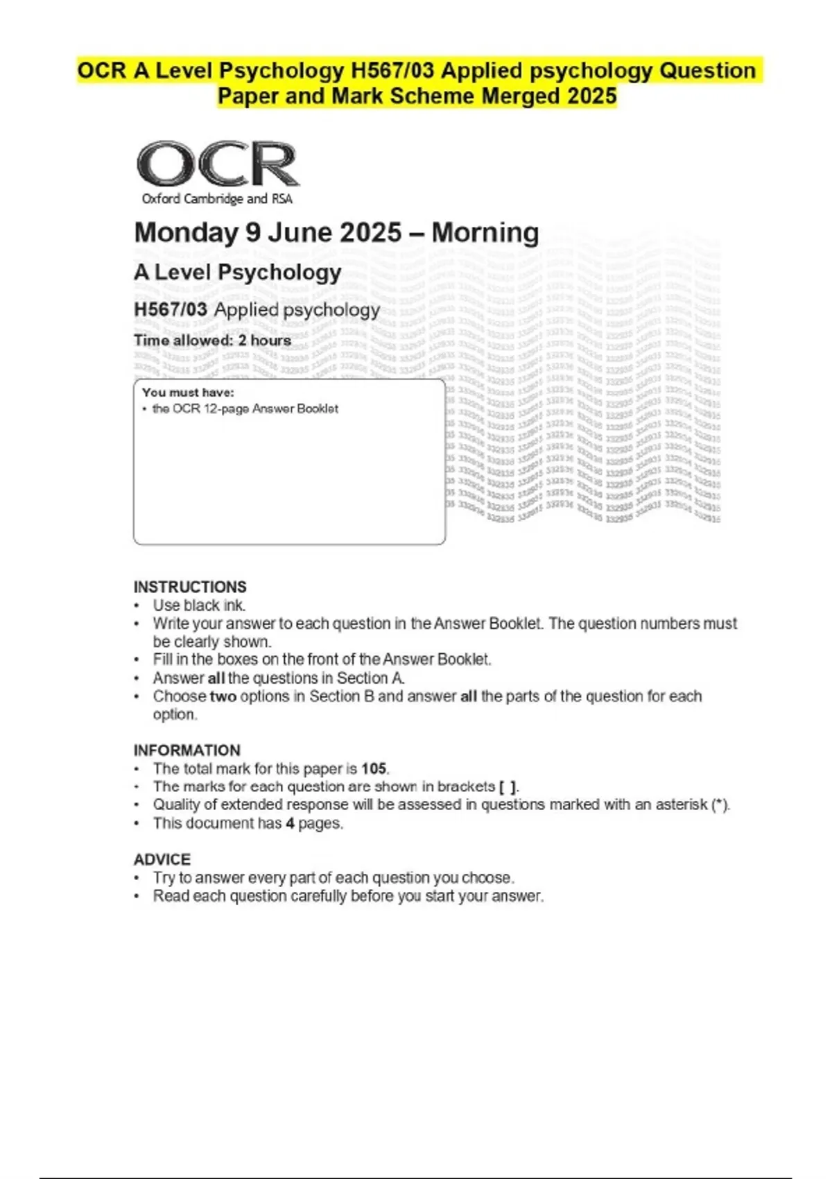OCR A Level Psychology H567/03 Applied psychology Question Paper and ...