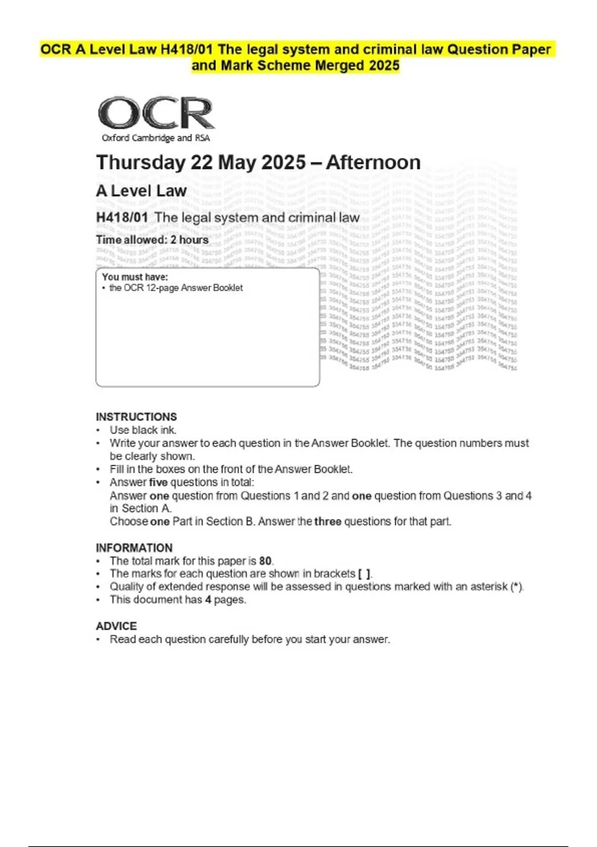 PACKAGE DEAL OCR A Level Law Question Paper and Mark Scheme 2025 ...