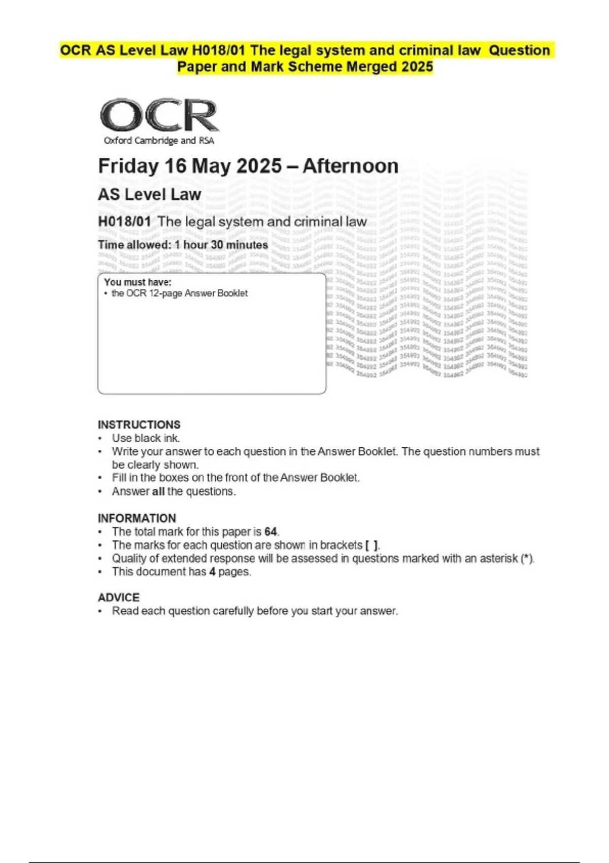 OCR AS Level Law H018/01 The legal system and criminal law Question ...