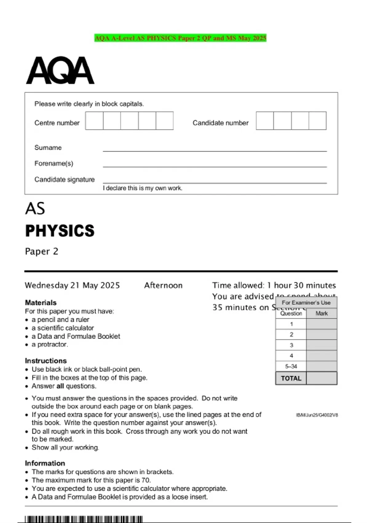 AQA A-Level AS PHYSICS Paper 2 QP and MS May 2025 - AQA A-Level - Stuvia US