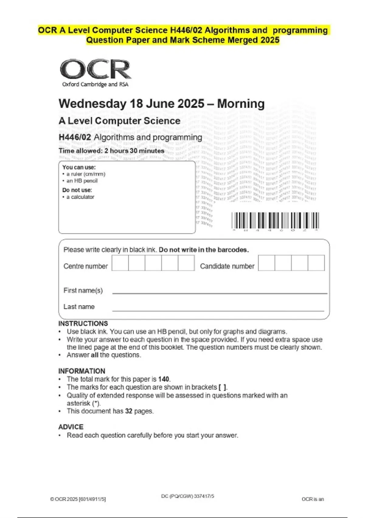 PACKAGE DEAL OCR A Level Computer Science Question Paper and Mark ...