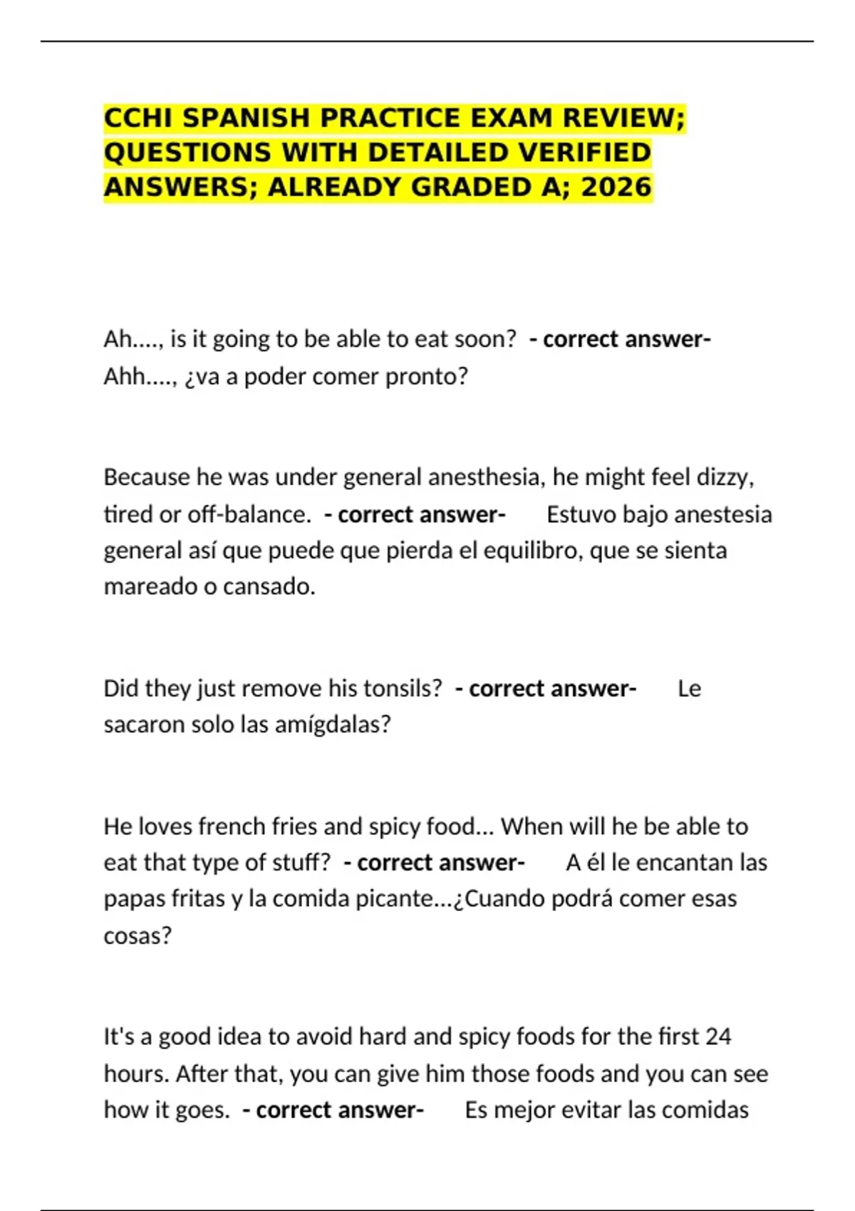 CCHI Spanish Practice Exam Review: Questions & Verified Answers ...