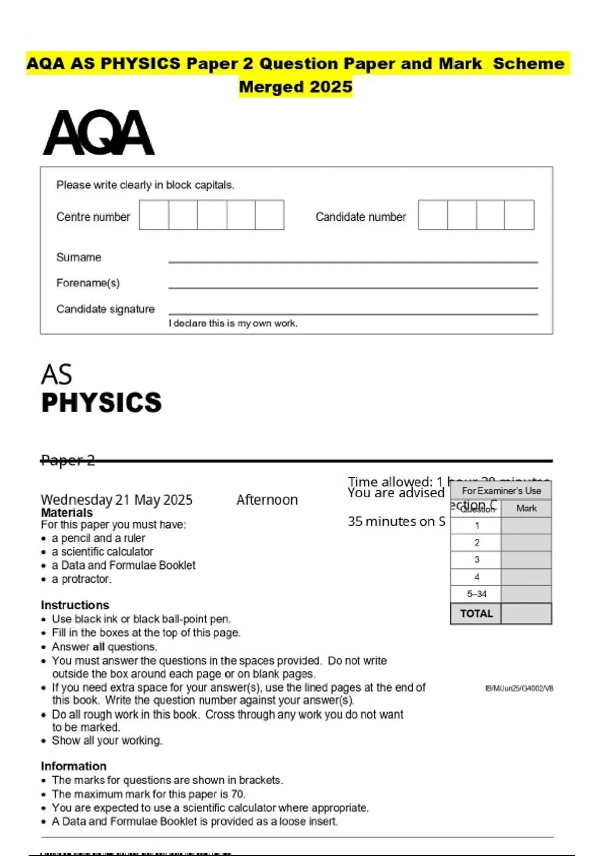 AQA AS PHYSICS Paper 2 Question Paper and Mark Scheme Merged 2025 - AQA ...