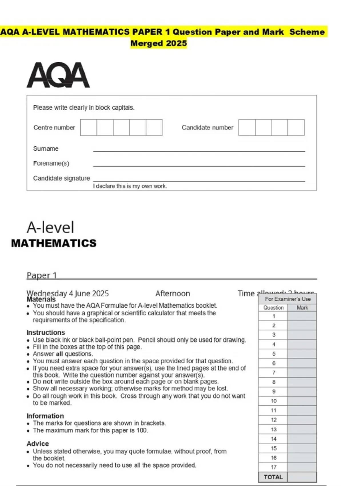 AQA A-LEVEL MATHEMATICS PAPER 1 Question Paper and Mark Scheme Merged ...
