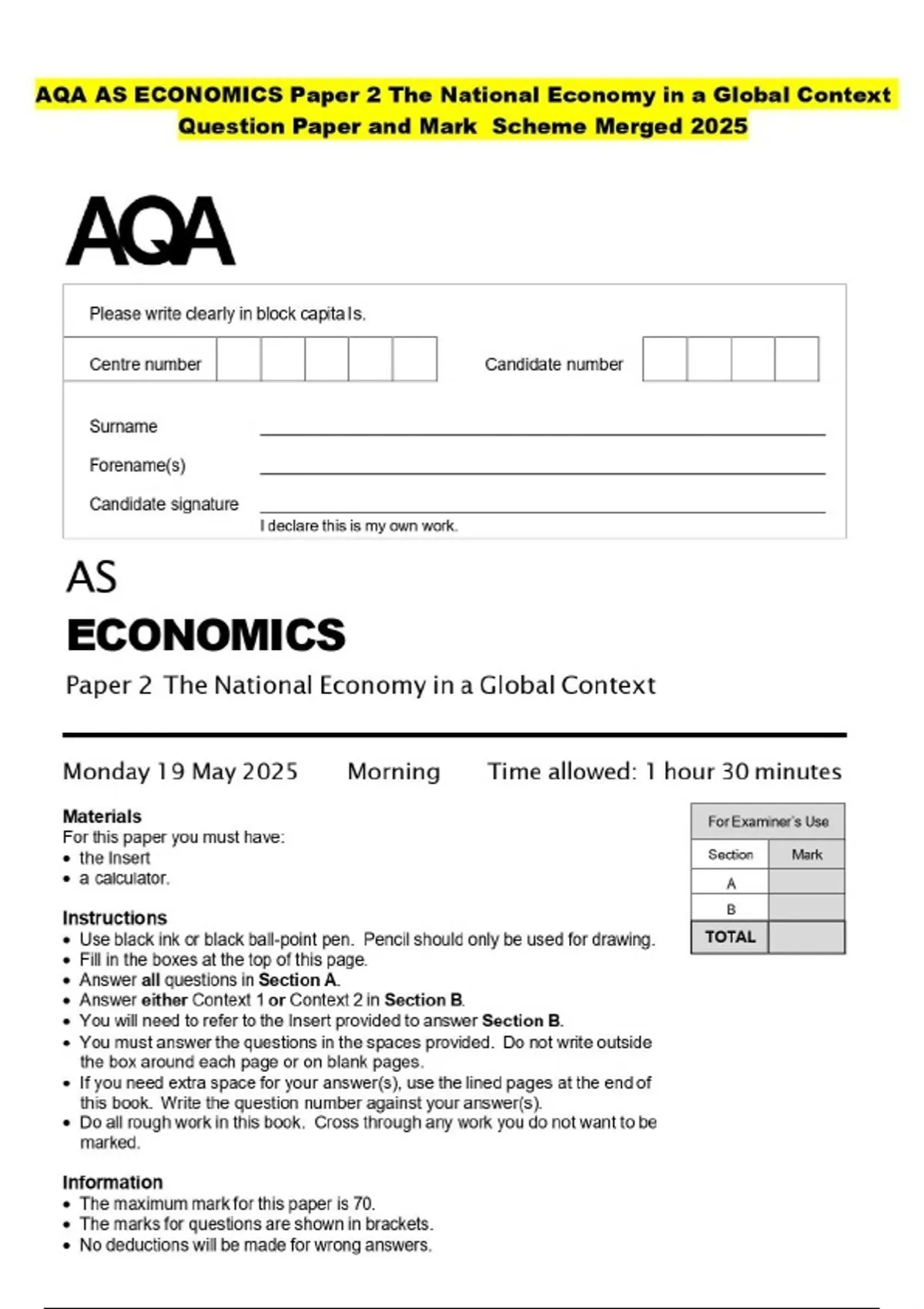 AQA AS ECONOMICS Paper 2 The National Economy in a Global Context ...