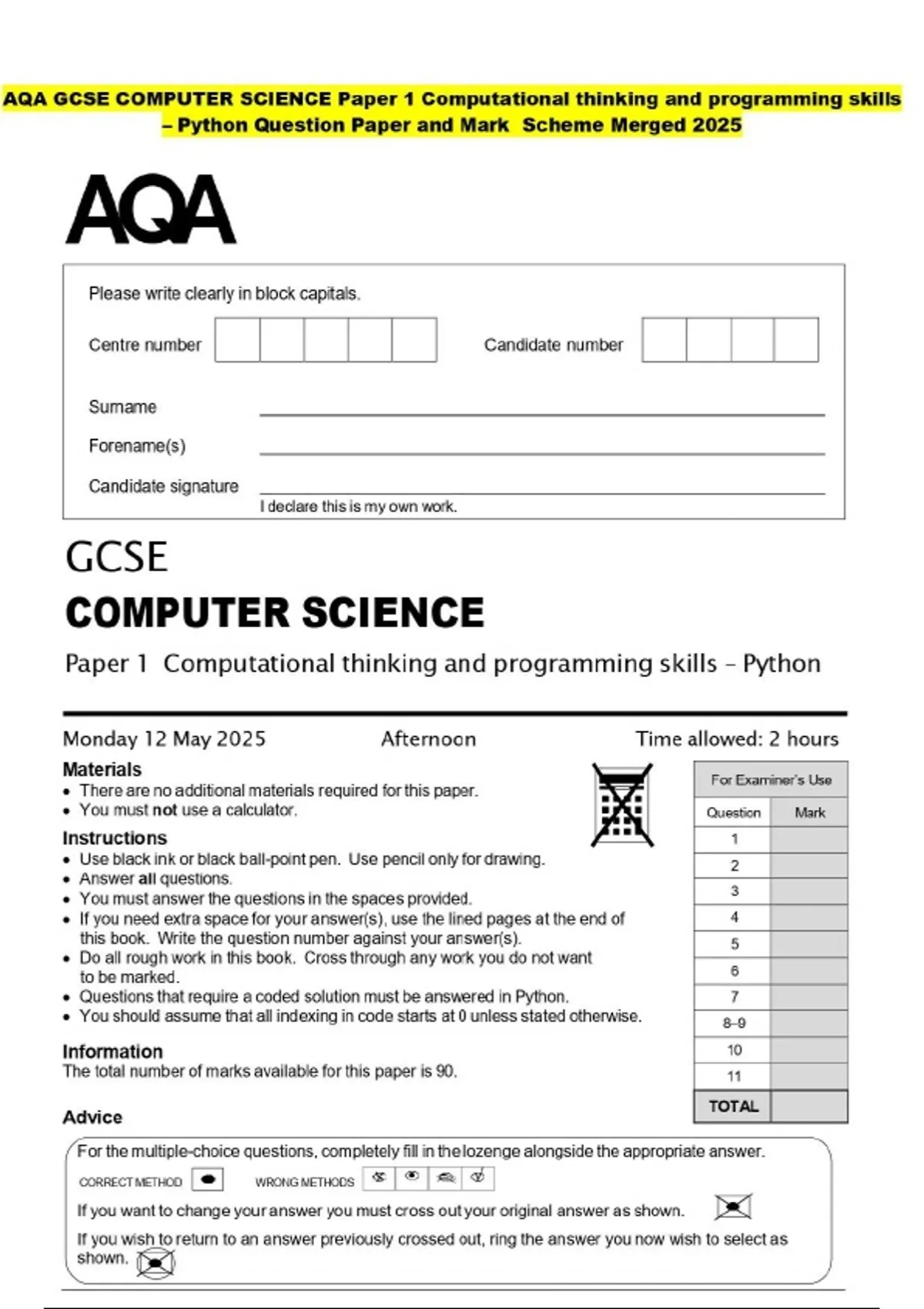 AQA GCSE COMPUTER SCIENCE Paper 1 Computational thinking and ...