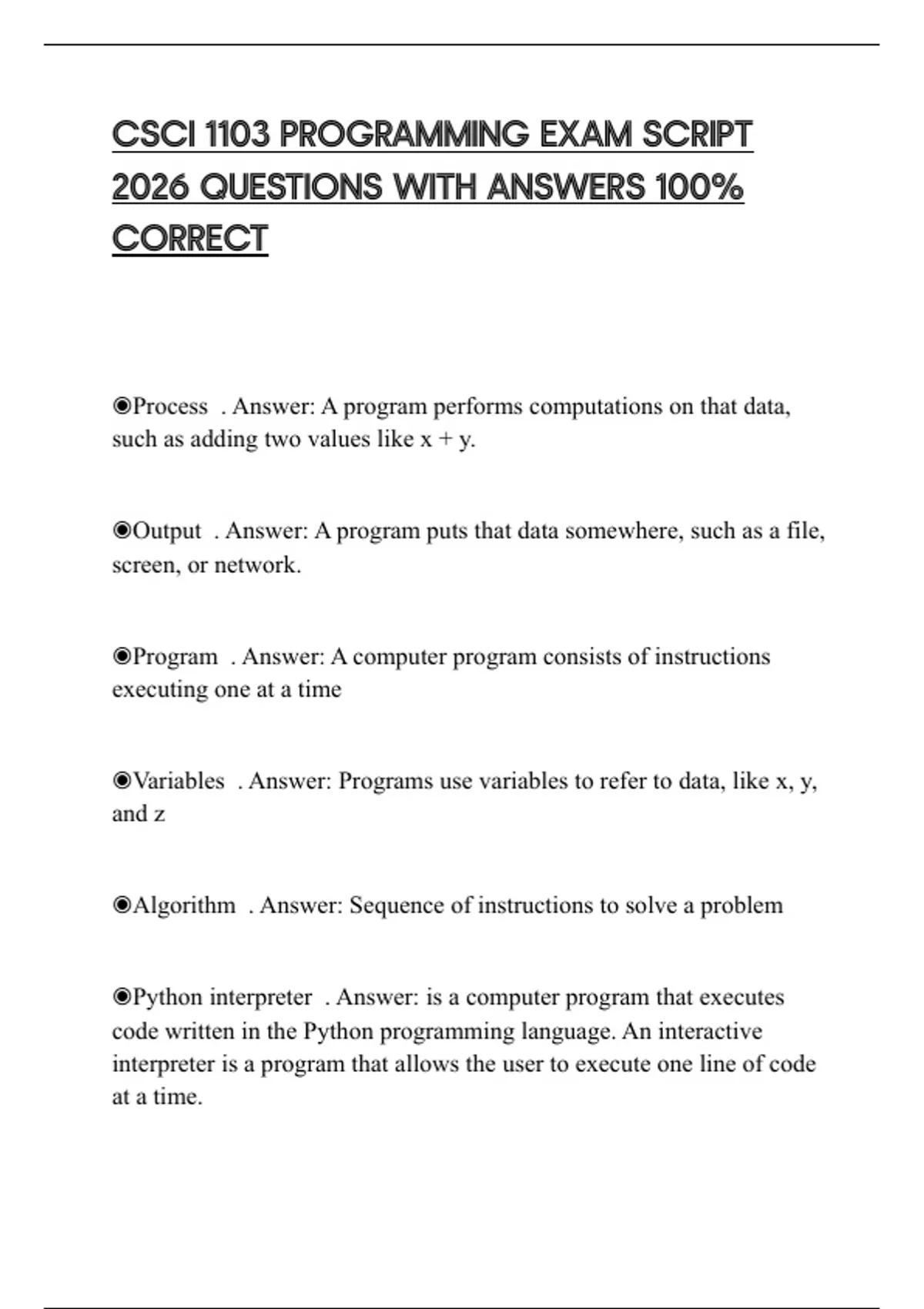 CSCI 1103 PROGRAMMING EXAM SCRIPT 2026 QUESTIONS WITH ANSWERS 100% ...