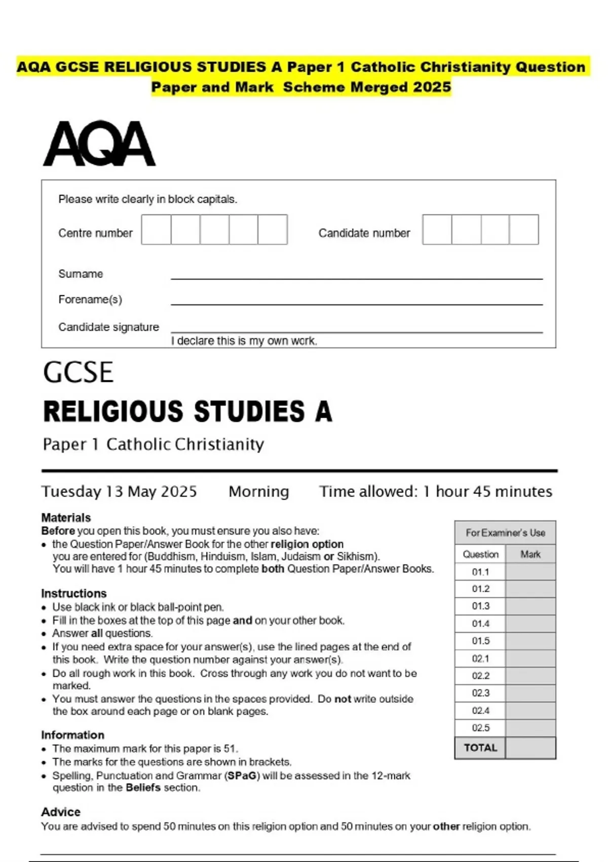 AQA GCSE RELIGIOUS STUDIES A Paper 1 Catholic Christianity Question ...