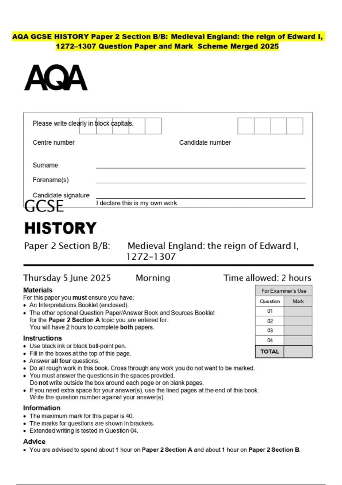 AQA GCSE HISTORY Paper 2 Section B/B: Medieval England: the reign of ...