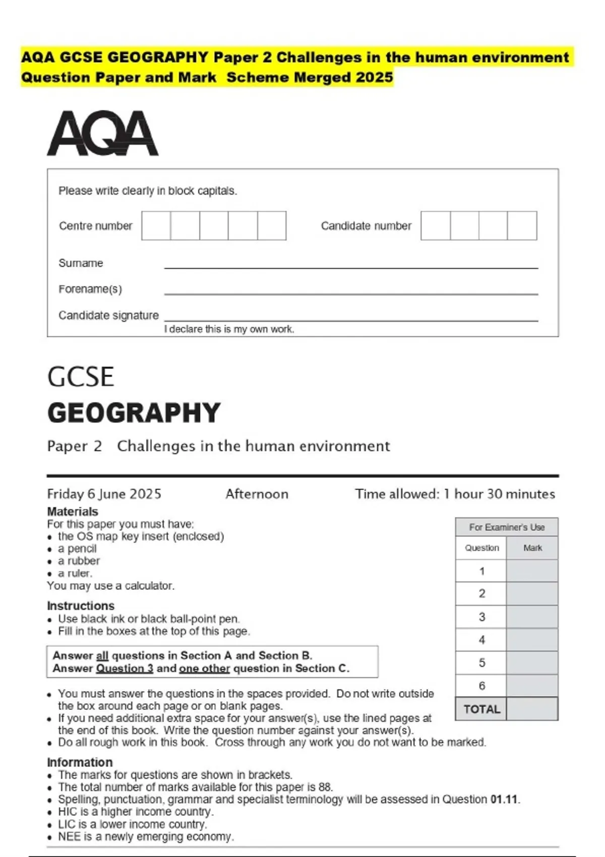 AQA GCSE GEOGRAPHY Paper 2 Challenges in the human environment Question ...