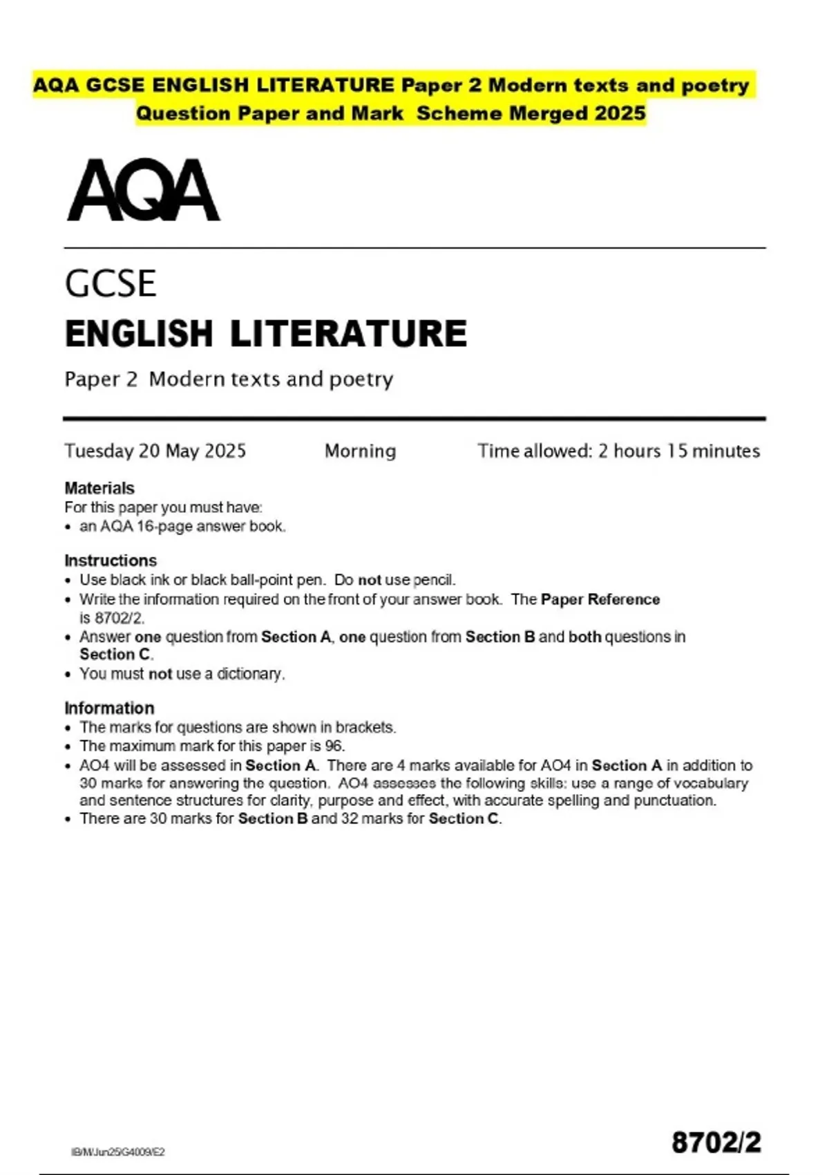 AQA GCSE ENGLISH LITERATURE Paper 2 Modern texts and poetry Question ...