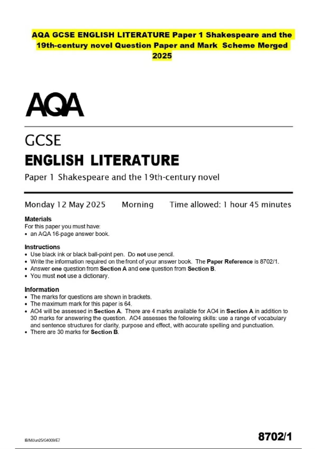 AQA GCSE ENGLISH LITERATURE Paper 1 Shakespeare and the 19th-century ...