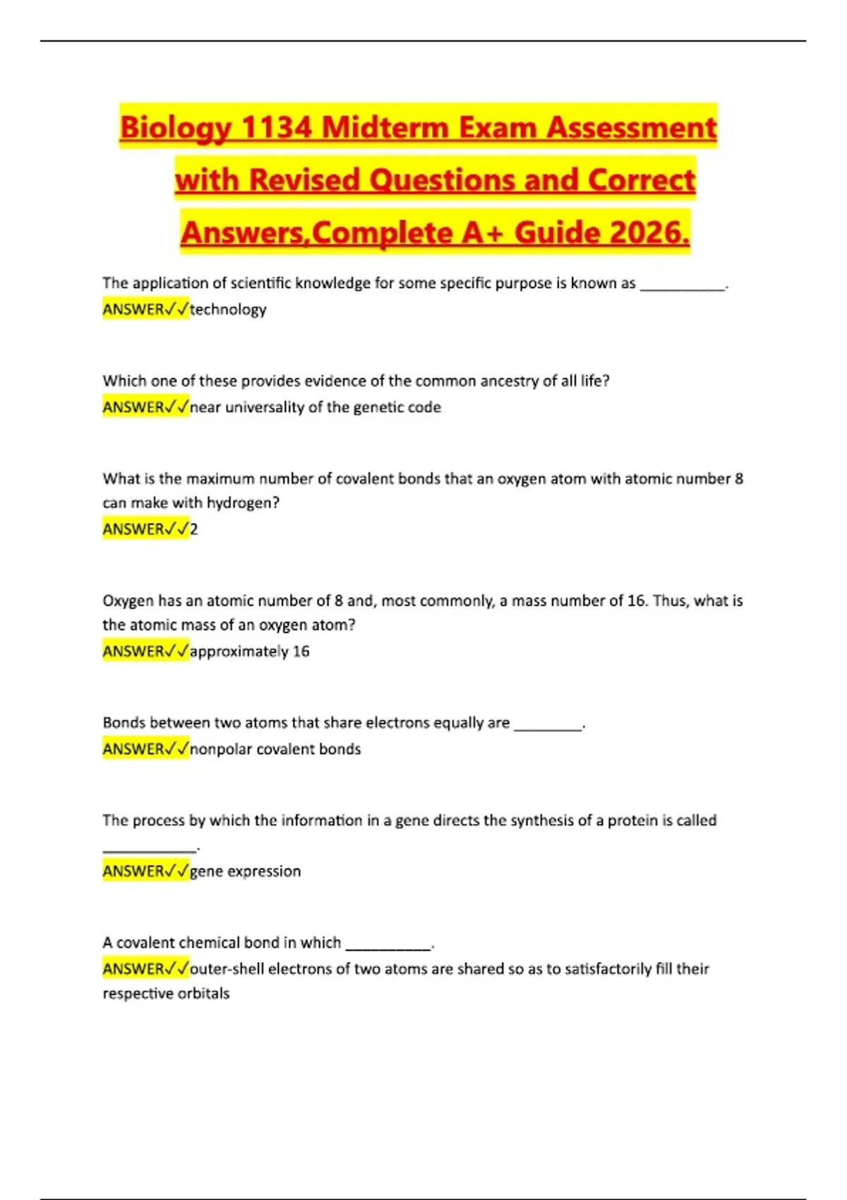 Biology 1134 Midterm Exam Assessment with Revised Questions and Correct ...