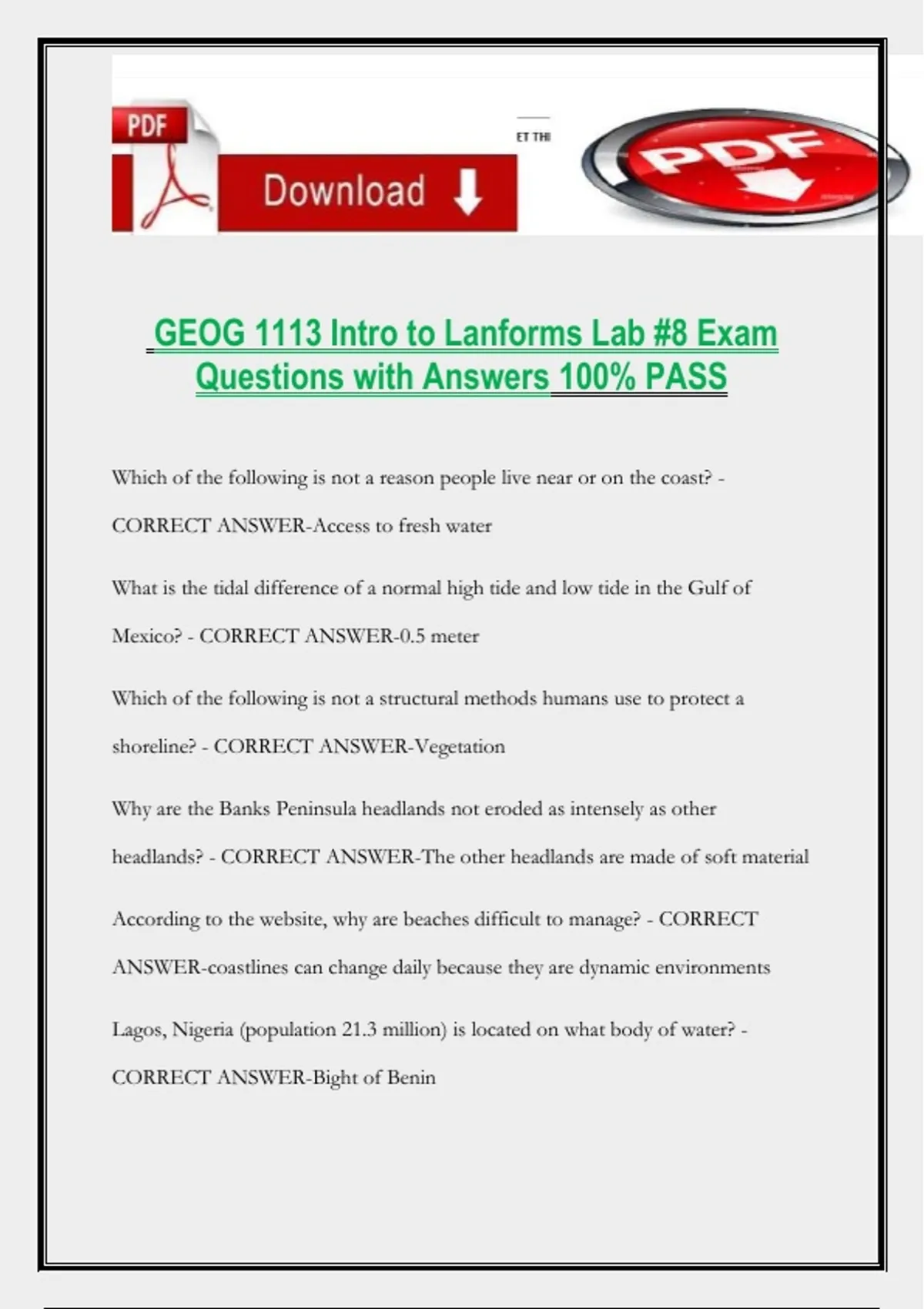 GEOG 1113 Intro to Lanforms Lab #8 Exam Questions with Answers 100% ...