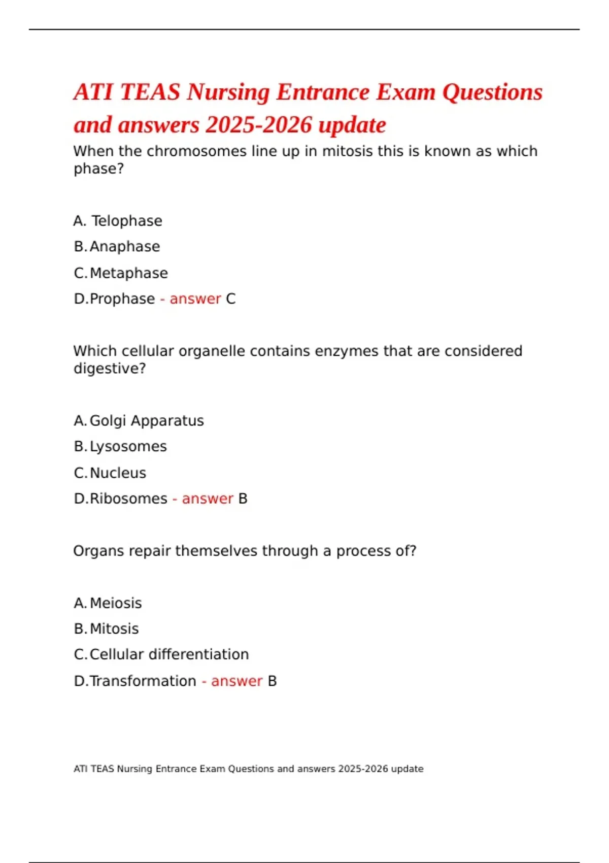 ATI TEAS Nursing Entrance Exam Questions and answers update - ATI Teas ...
