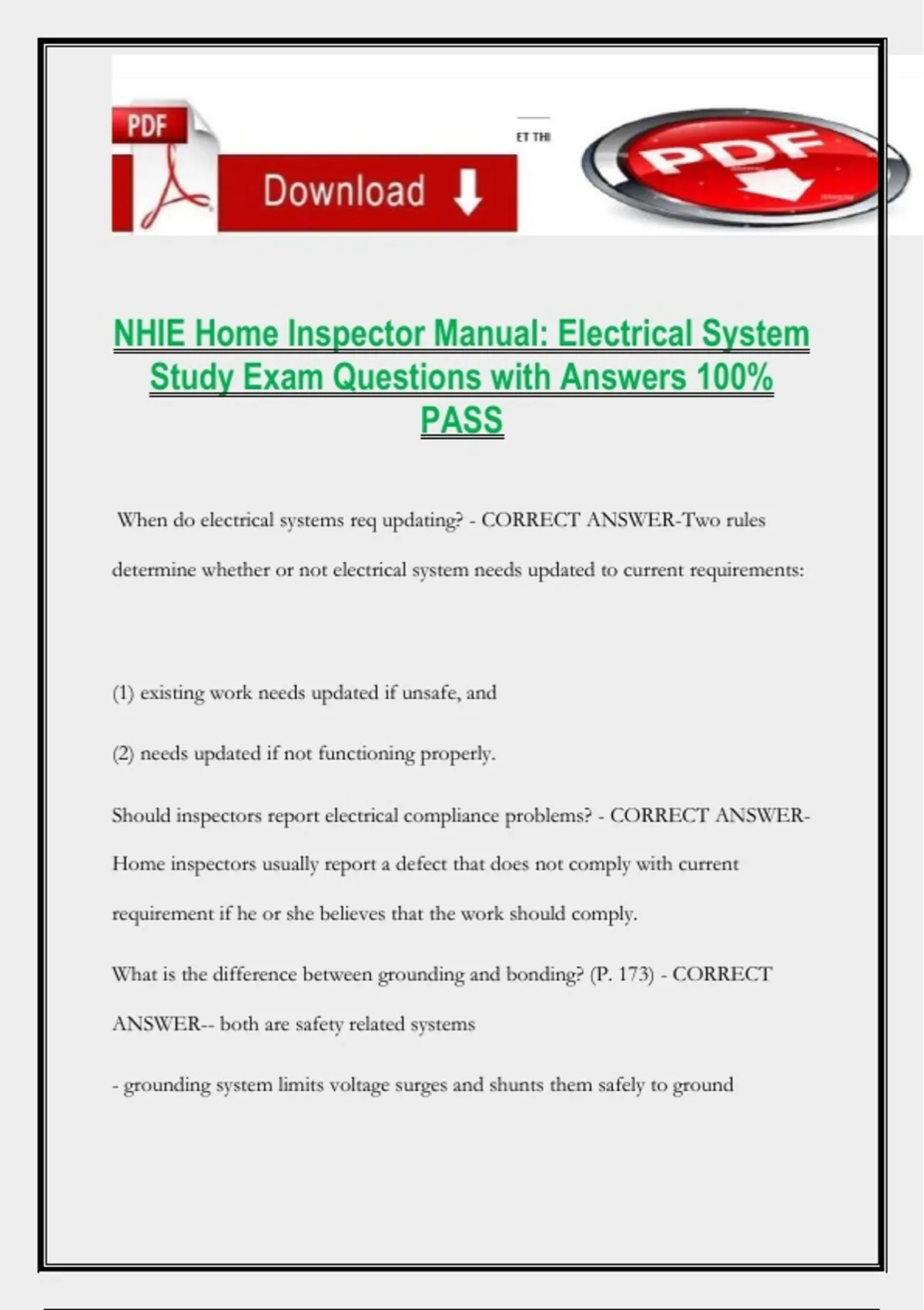 NHIE Home Inspector Manual: Electrical System Study Exam Questions with ...