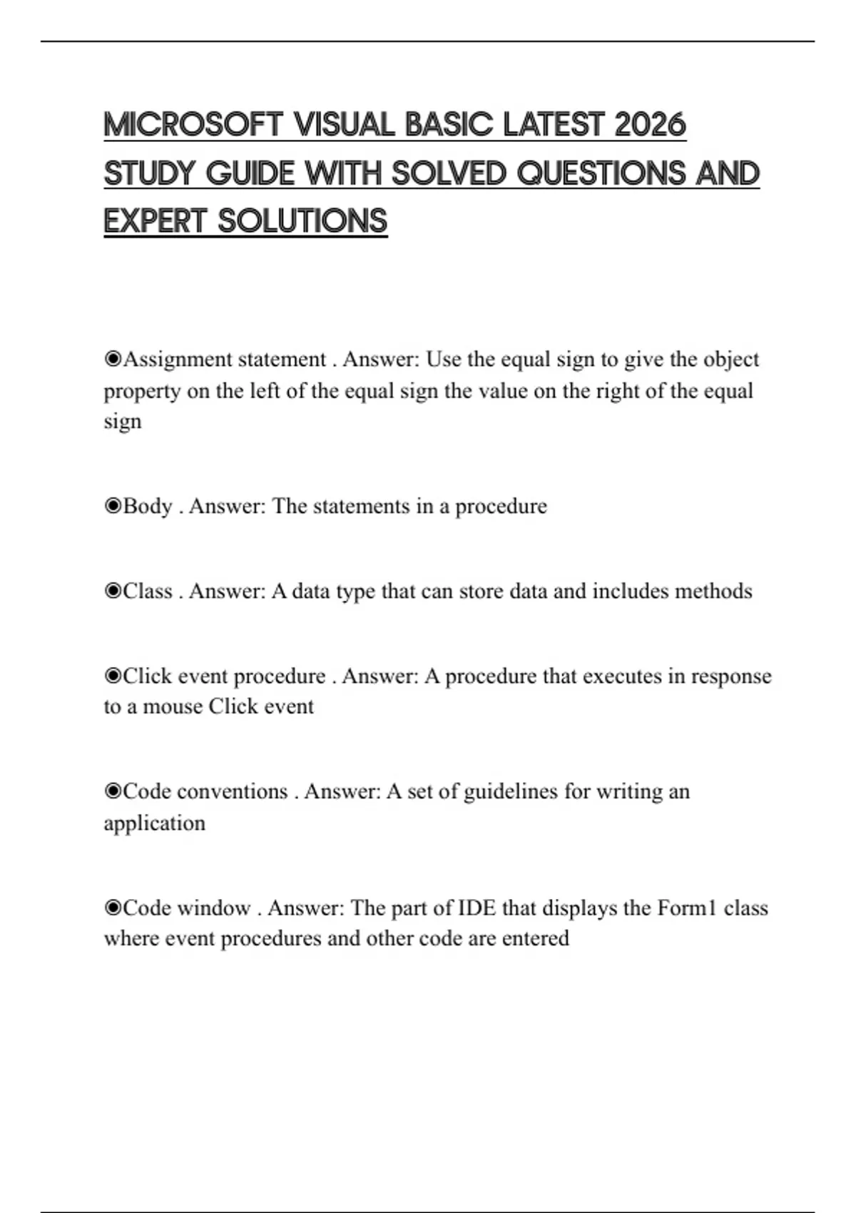 MICROSOFT VISUAL BASIC LATEST 2026 STUDY GUIDE WITH SOLVED QUESTIONS ...