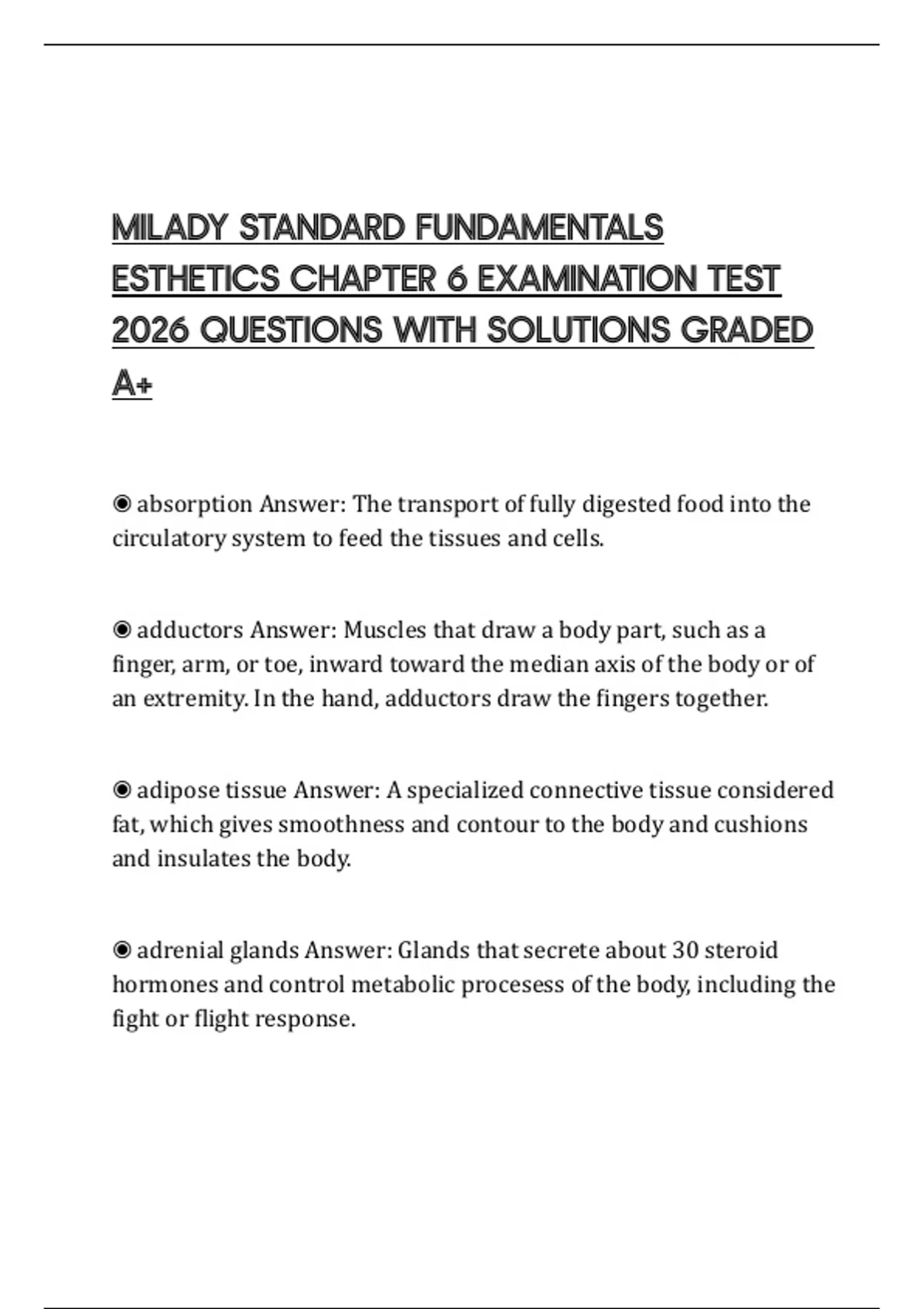 MILADY STANDARD FUNDAMENTALS ESTHETICS CHAPTER 6 EXAMINATION TEST 2026 ...