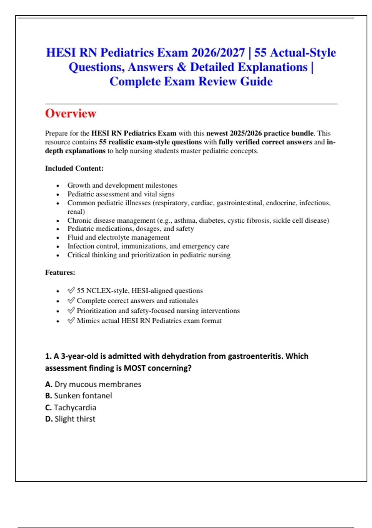 HESI RN Pediatrics Exam 2026/2027 | 55 Actual-Style Questions, Answers ...