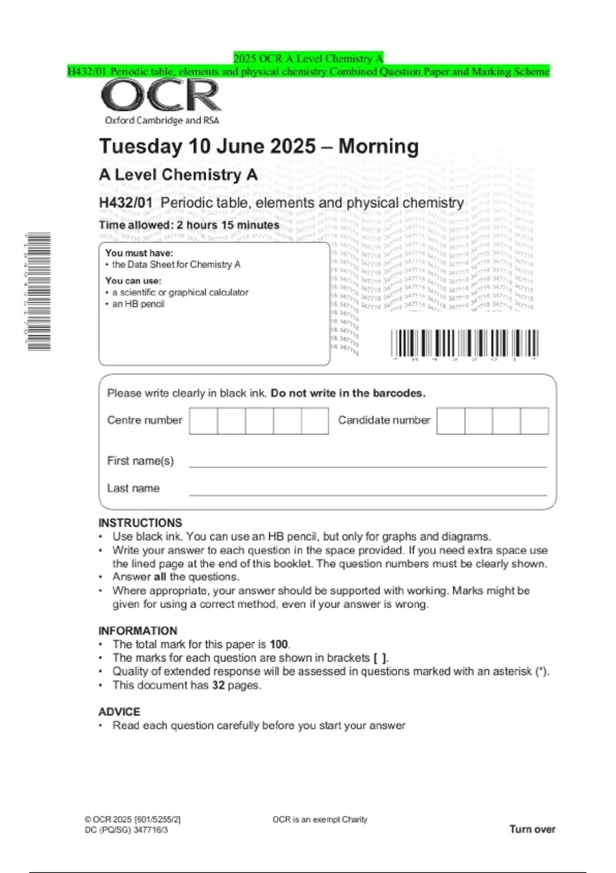 2025 OCR A Level Chemistry A H432/0 Periodic table elements and ...