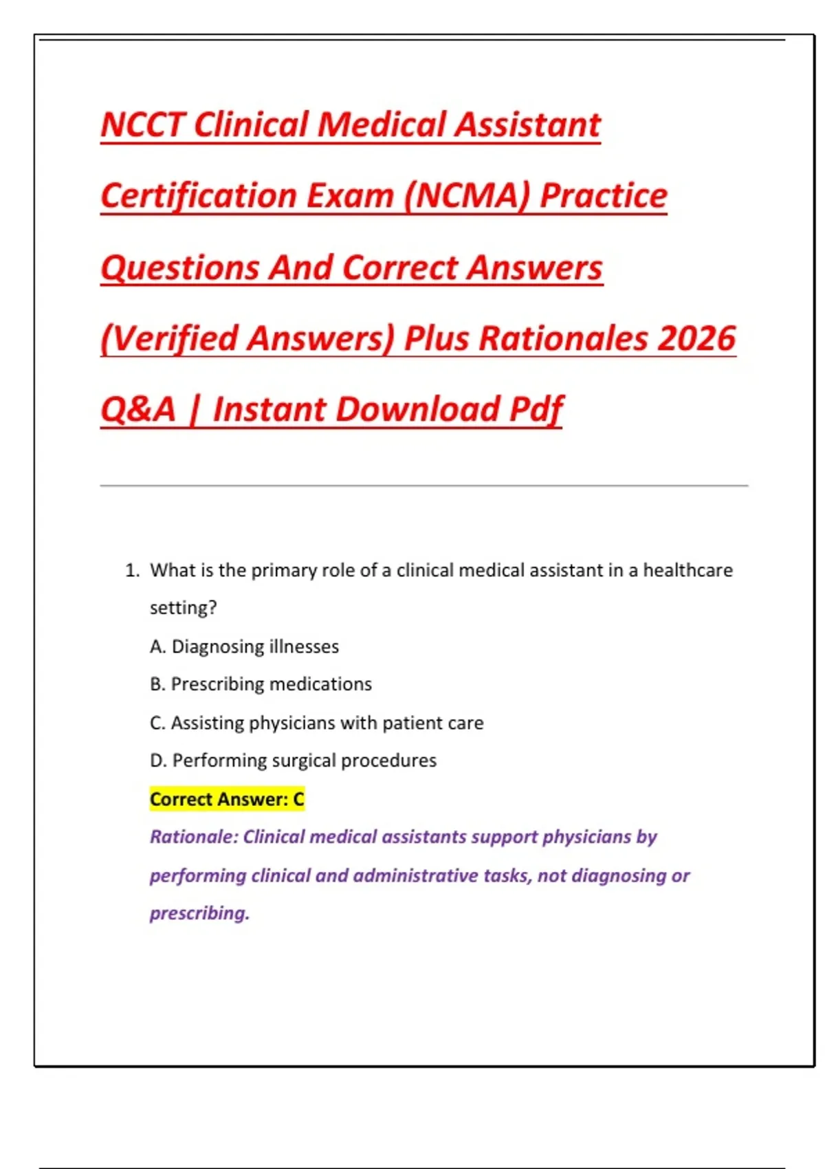 NCCT Clinical Medical Assistant Certification Exam (NCMA) Practice ...