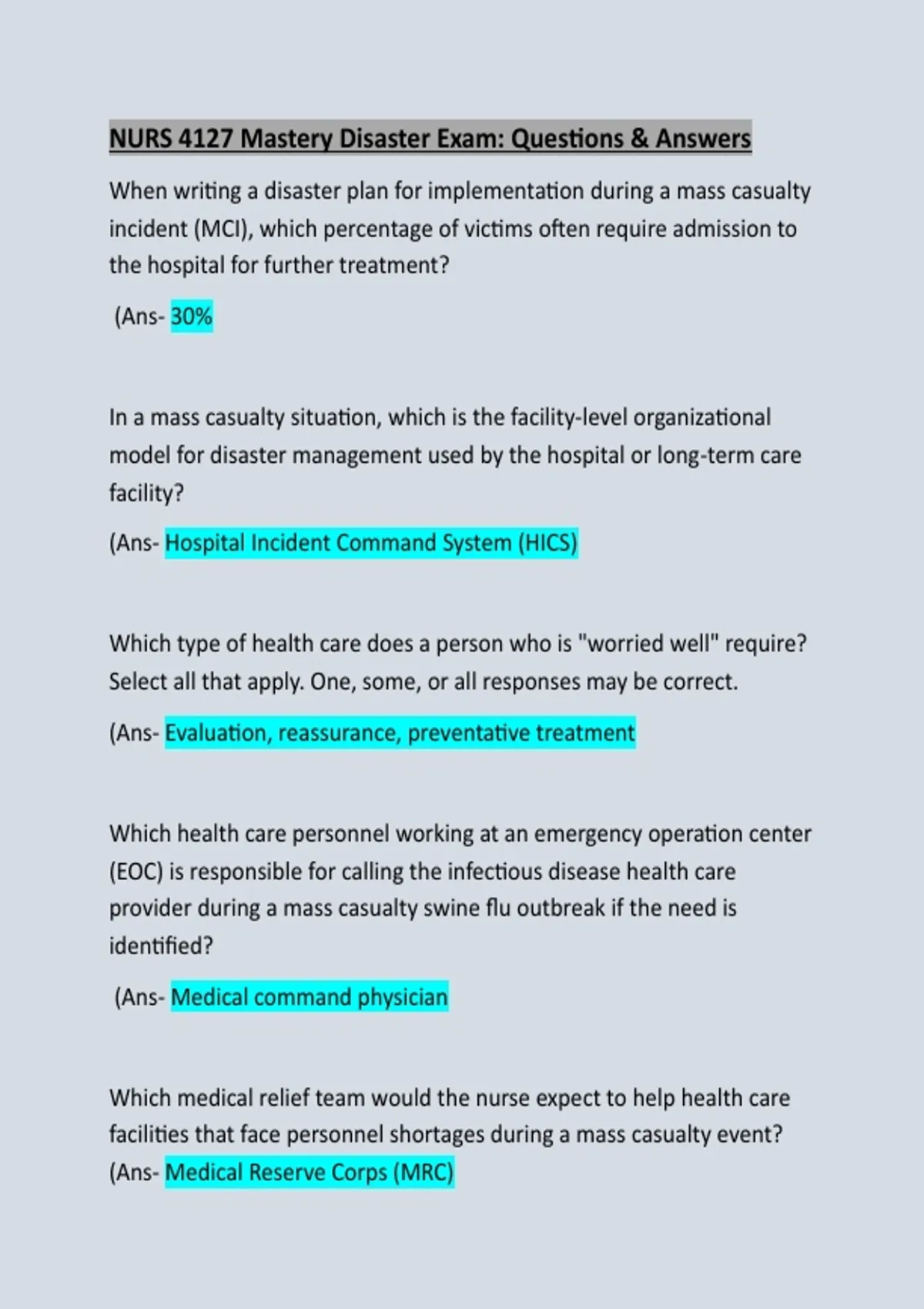 NURS 4127 Mastery Disaster Exam|Questions & Answers|Updated A+ Score ...