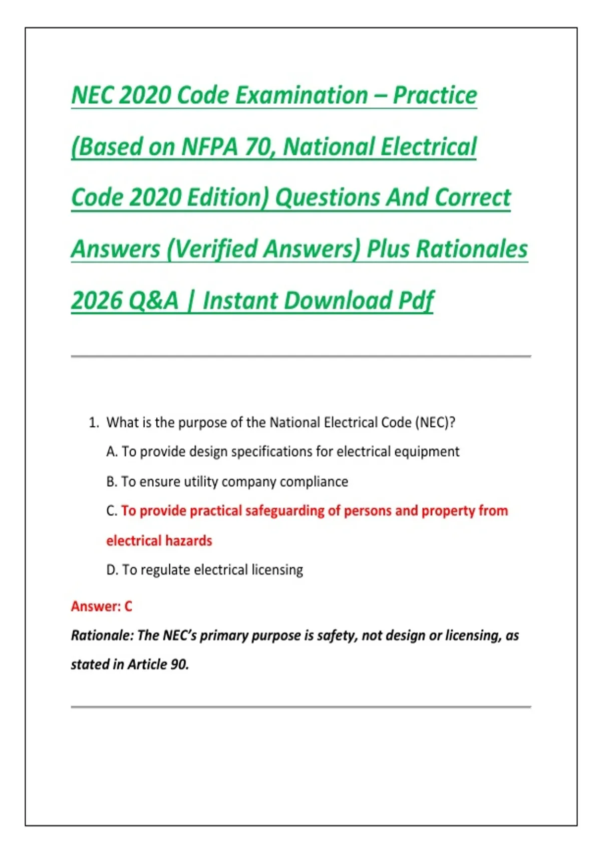 NEC 2020 Code Examination – Practice (Based on NFPA 70, National ...