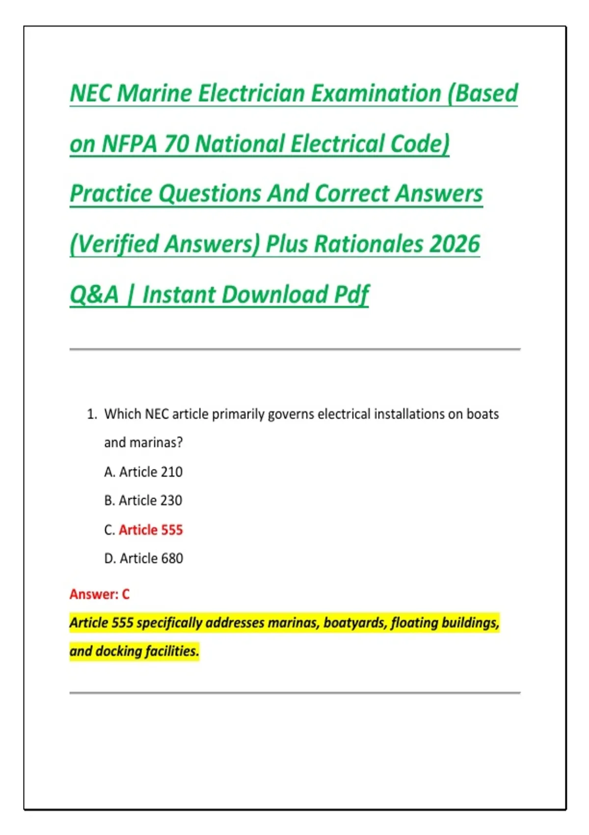 NEC Marine Electrician Examination (Based on NFPA 70 National ...