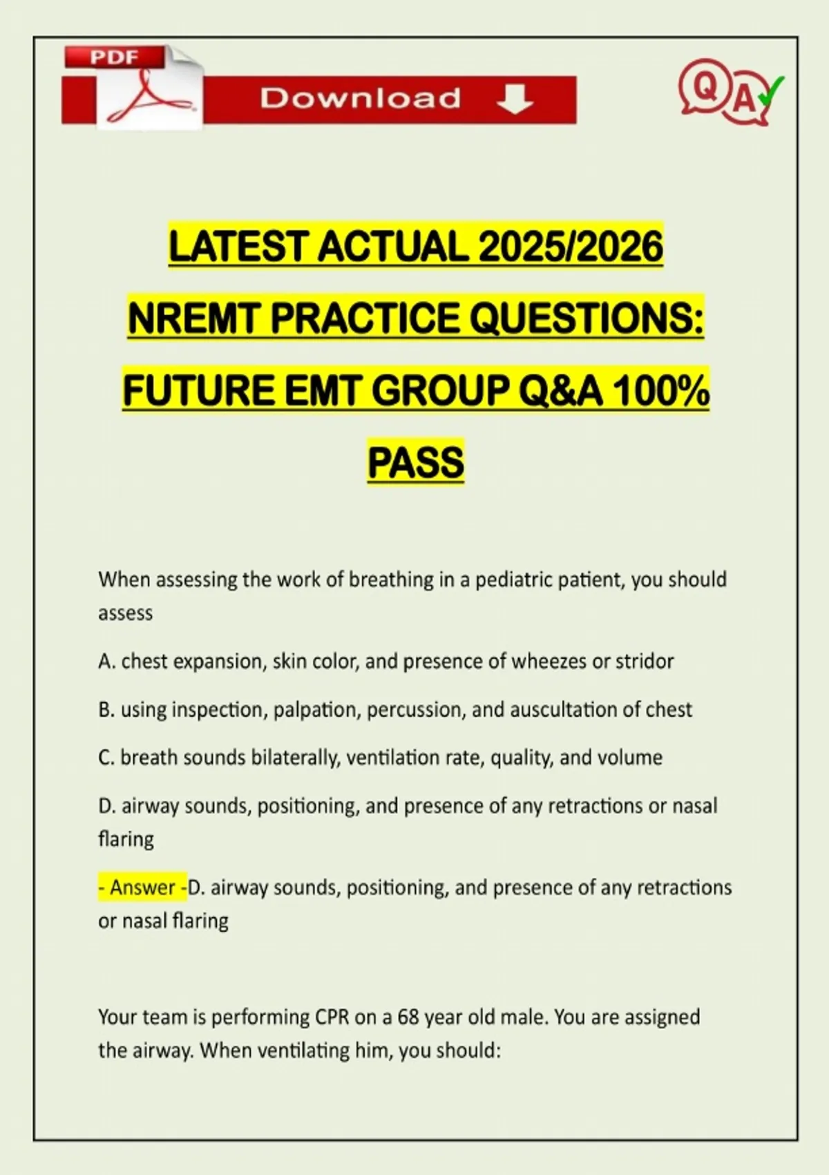 LATEST ACTUAL 2026 NREMT PRACTICE QUESTIONS: FUTURE EMT GROUP Q&A 100% ...